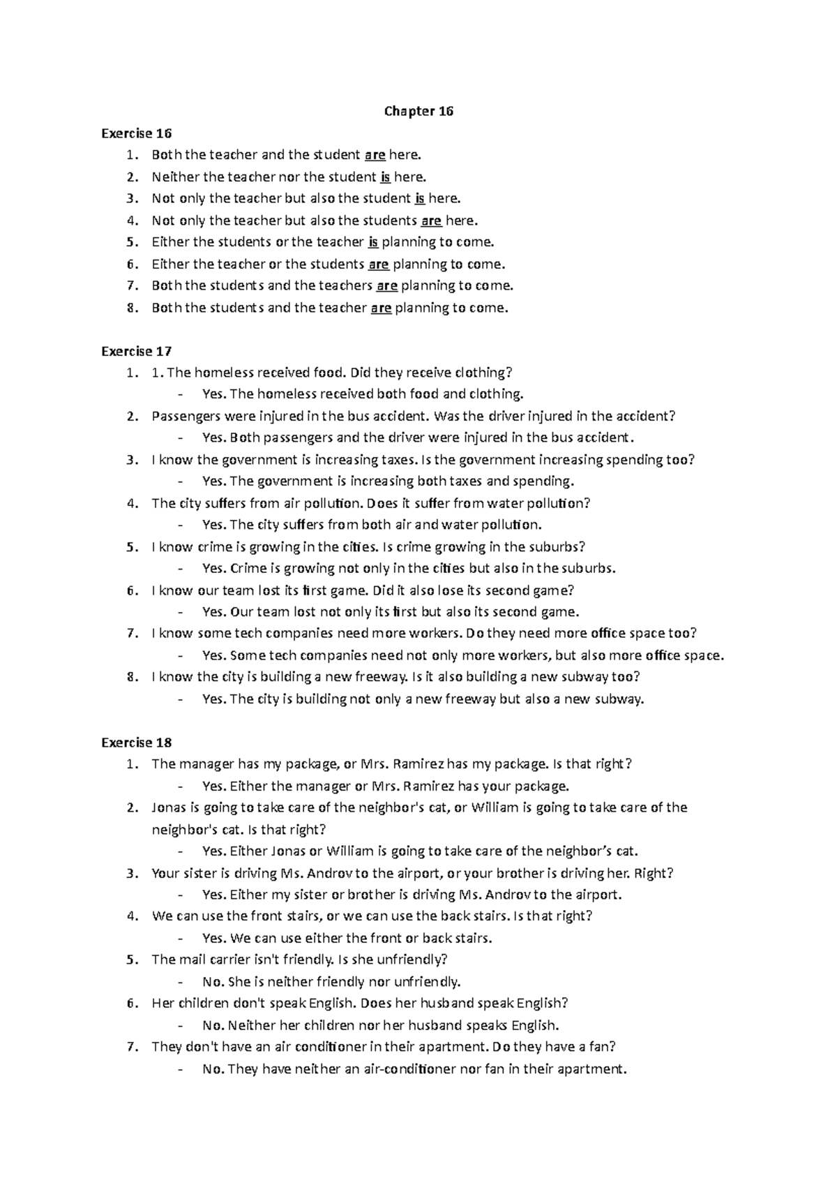 Grammar Chapter 16 Exercises 16-23 - Chapter 16 Exercise 16 Both the ...