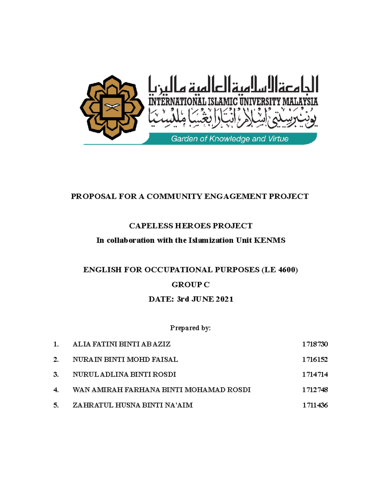 Group C - Proposal - PROPOSAL FOR A COMMUNITY ENGAGEMENT PROJECT ...