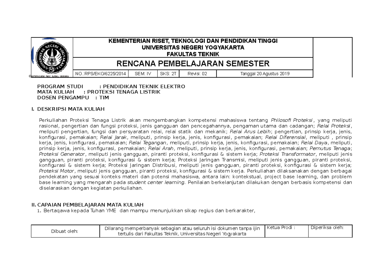 RPS Proteksi SEM4 Teori EDY - KEMENTERIAN RISET, TEKNOLOGI DAN PENDIDIKAN TINGGI UNIVERSITAS ...