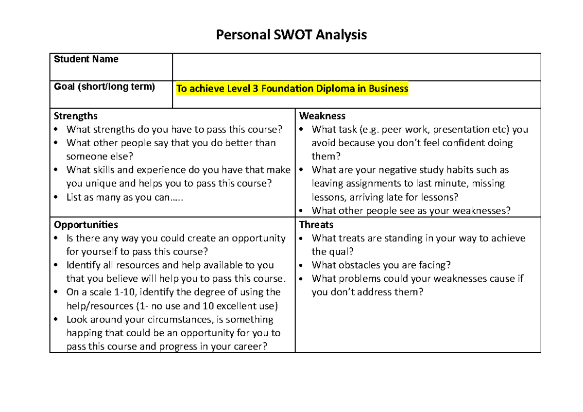 Lesson 2 Personal SWOT Analysis (STRENGHTS, WEAKNESSES, OPPURNTITIES ...