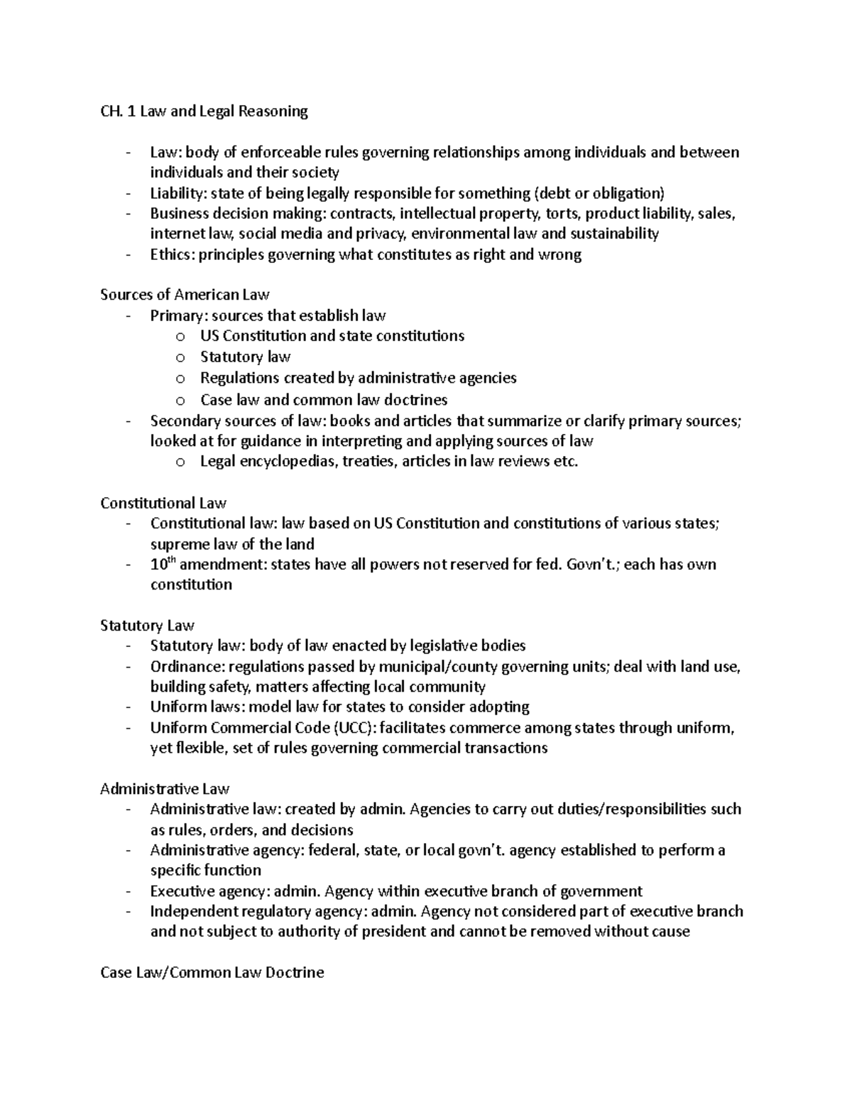 CH 1 Textbook notes - CH. 1 Law and Legal Reasoning Law: body of ...