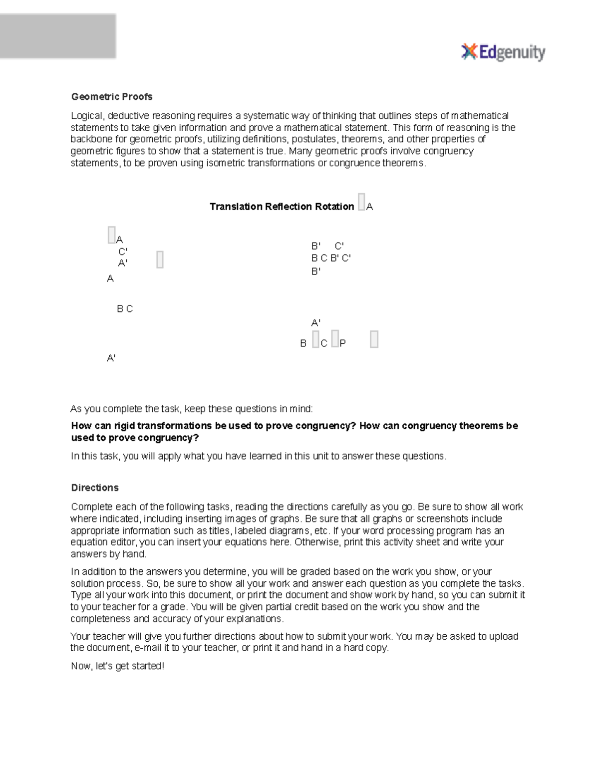 Performance Task Congruency Proofs - Proofs Student Guide Geometric ...