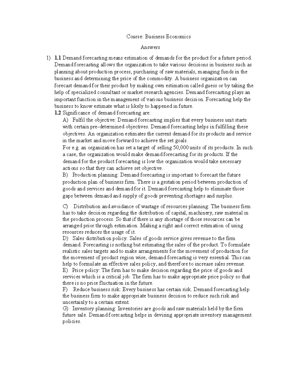 Business Economics Assignment - Course: Business Economics Answers 1 ...