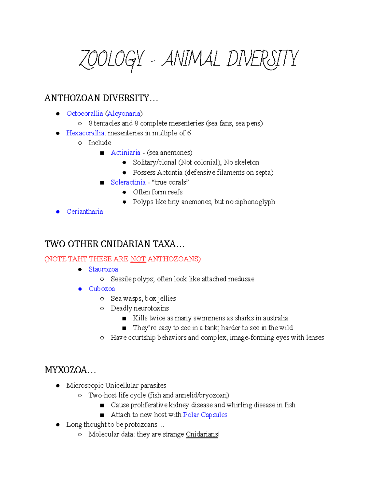 Zoology Notes part 9 - ZOOLOGY - ANIMAL DIVERSITY ANTHOZOAN DIVERSITY ...