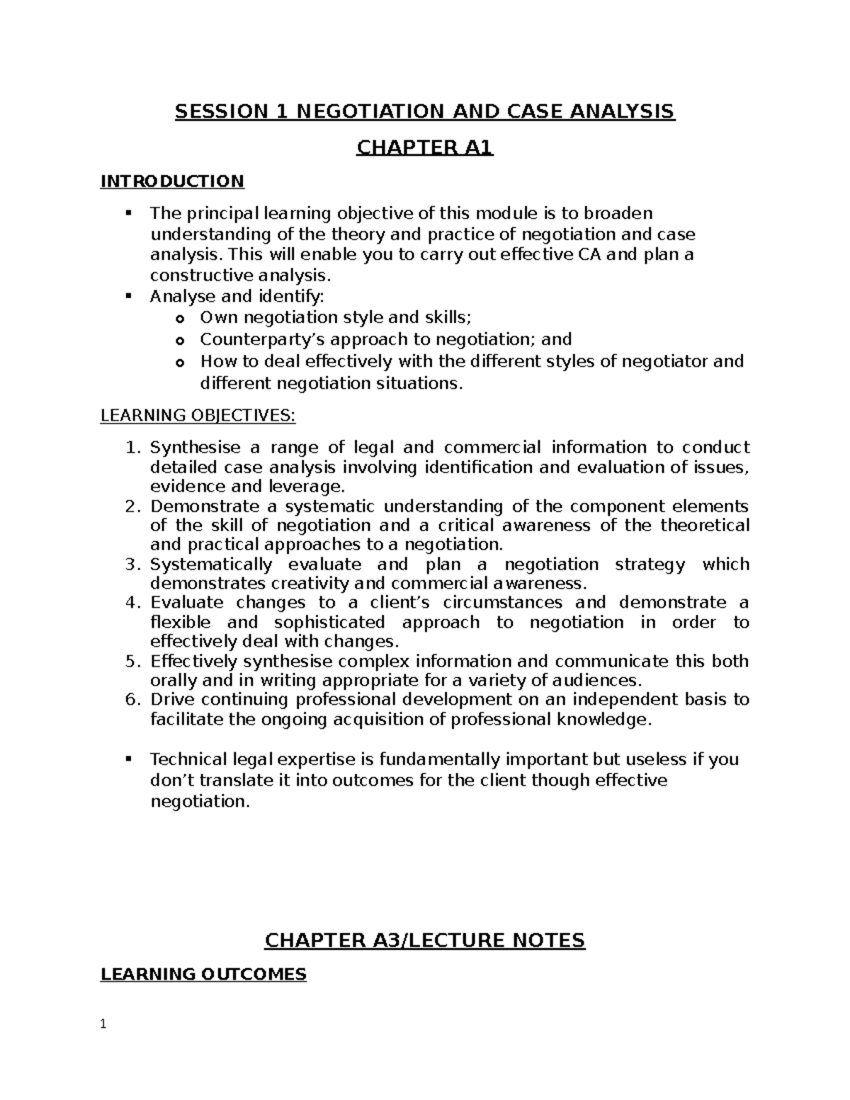 Negotiation and skills analysis- s1 - SESSION 1 NEGOTIATION AND CASE ...