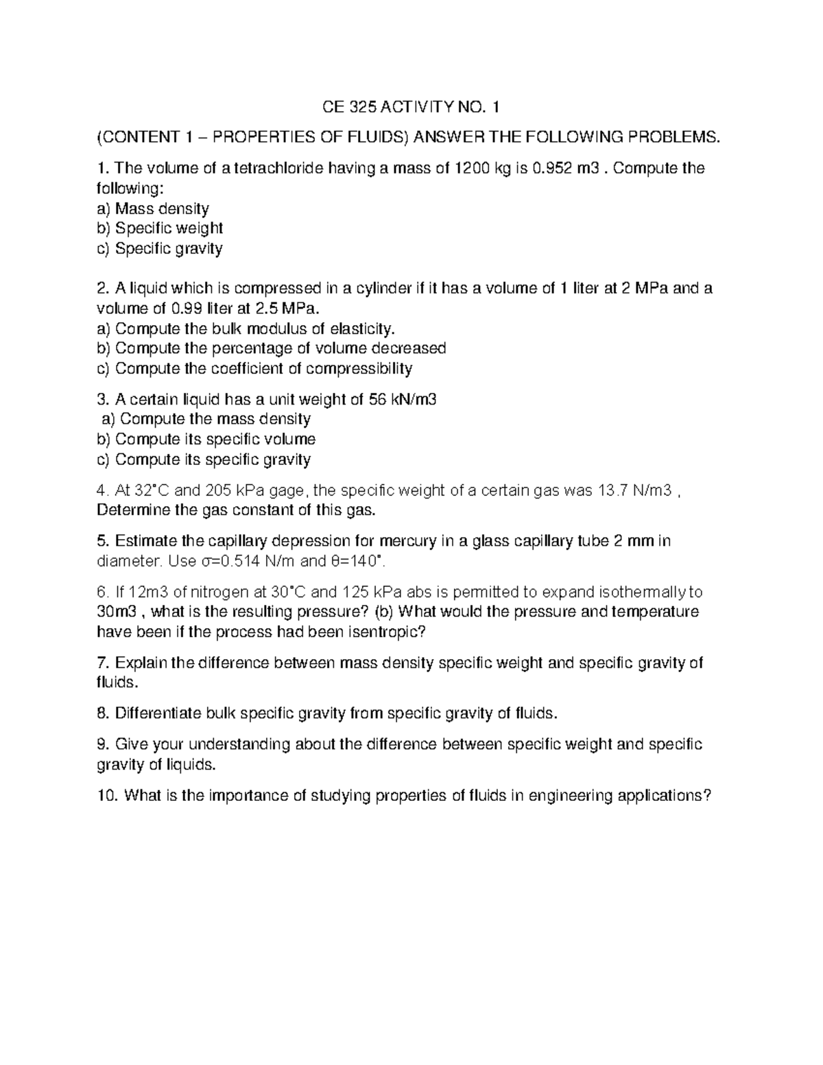 Activity 1 - hydraulics for CE sample problems - CE 325 ACTIVITY NO. 1 ...