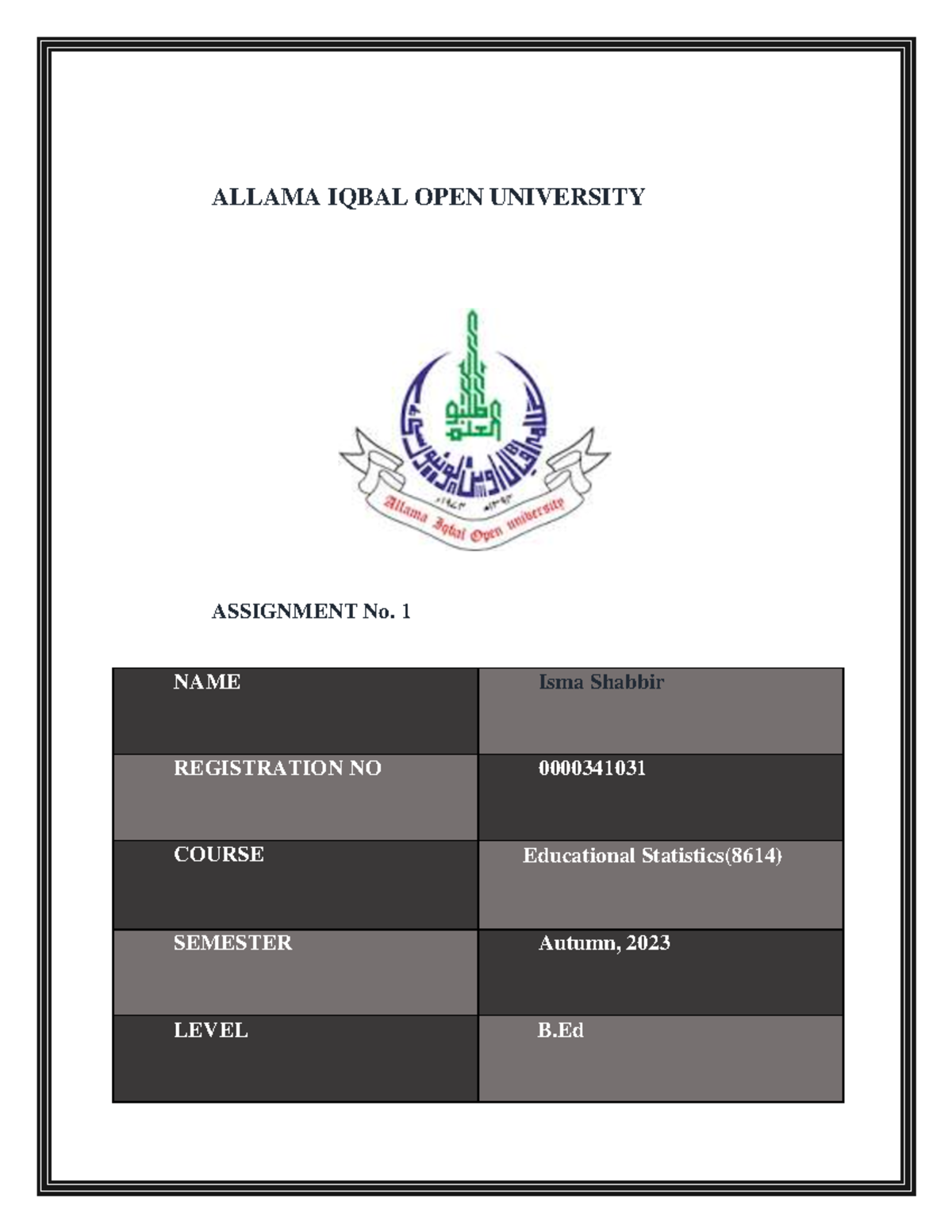 8614==1 - assignment of autumn,2023. - ALLAMA IQBAL OPEN UNIVERSITY ASSIGNMENT No. 1 NAME Isma ...