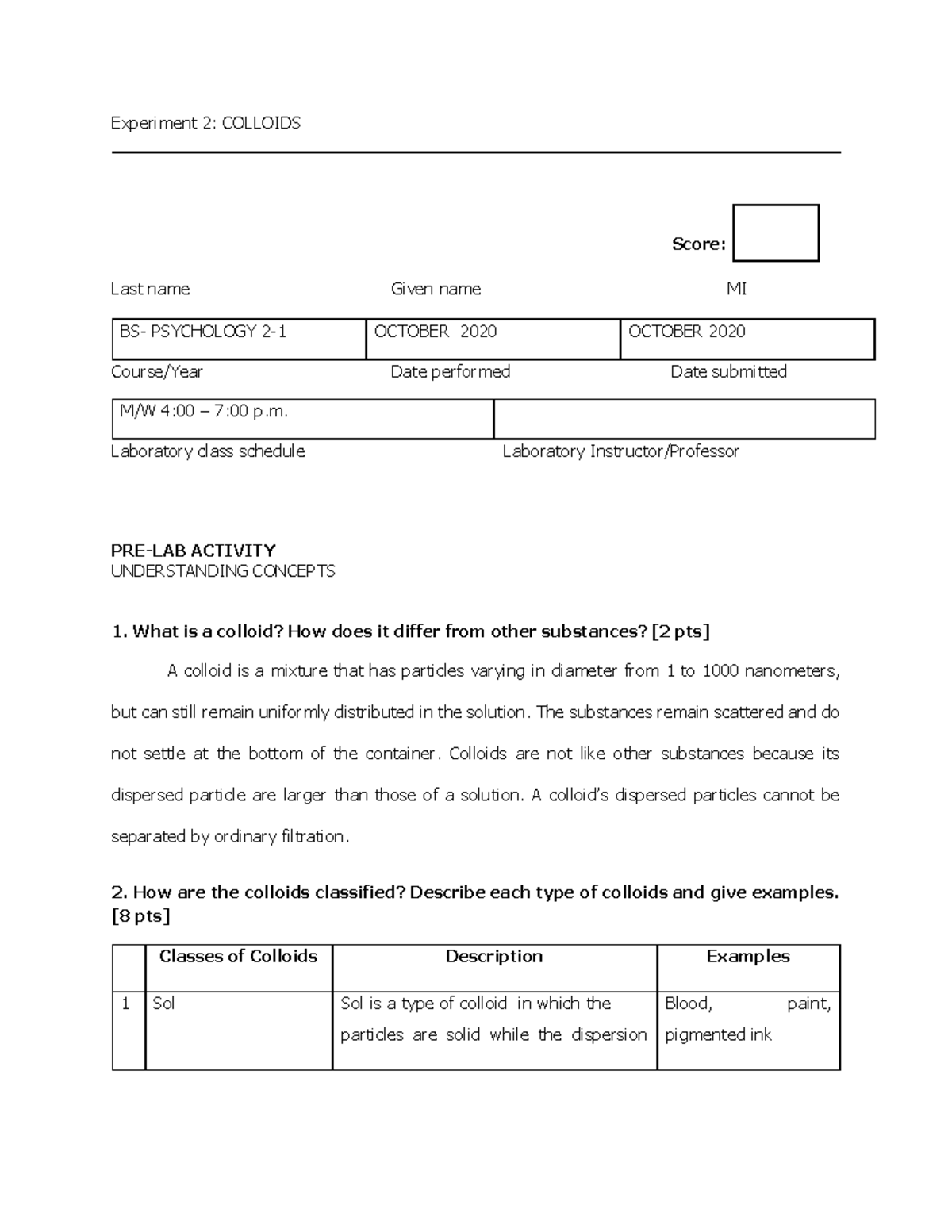 Colloids Pre-lab Activity - Experiment 2: COLLOIDS Score: Last name ...