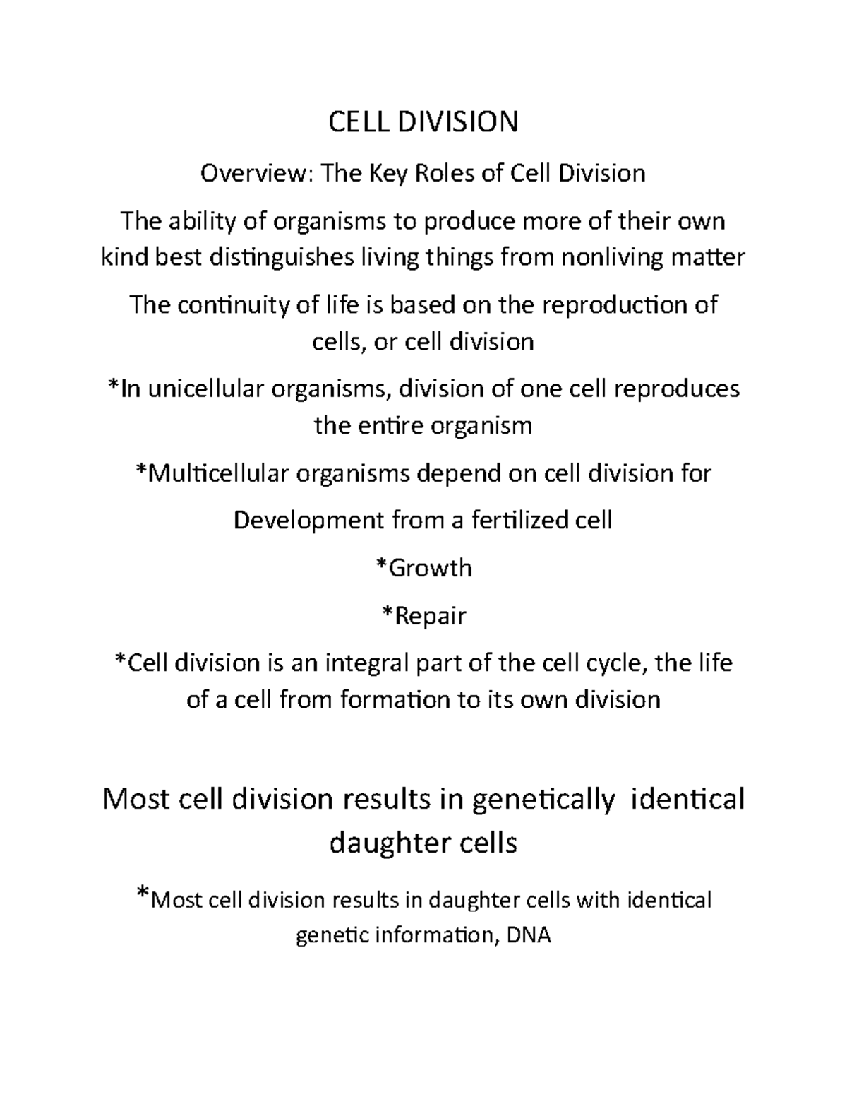 CELL Division - notes - CELL DIVISION Overview: The Key Roles of Cell ...