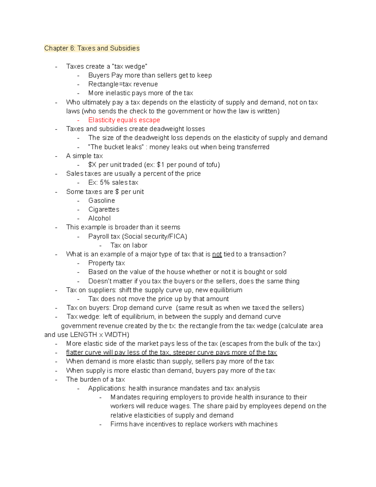 Week 5 Chapter 6 - Econ 1014 - Chapter 6: Taxes and Subsidies Taxes ...