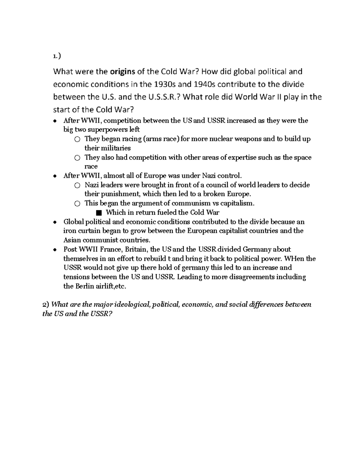 Cold War - Notes on the Cold War - 1.) After WWII, competition between ...