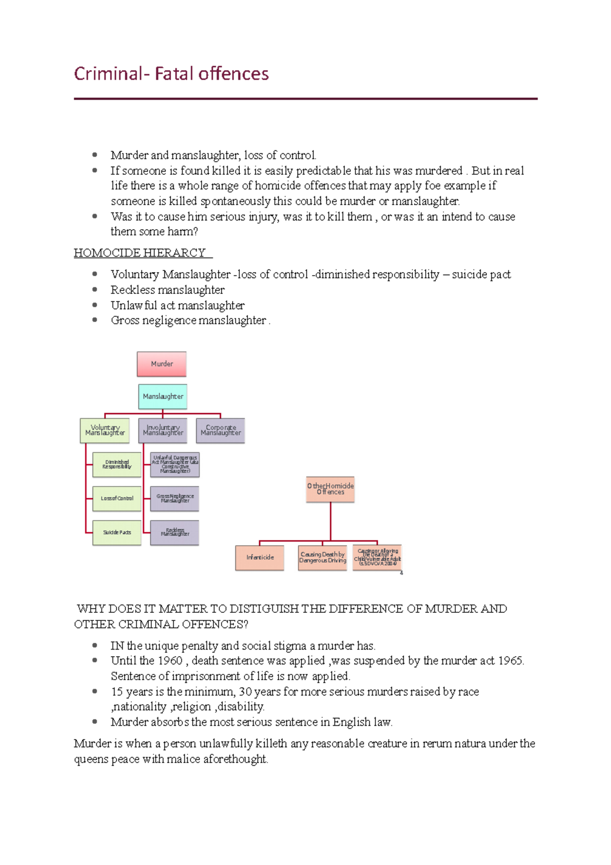 Notes criminal law - Criminal- Fatal offences Murder and manslaughter ...