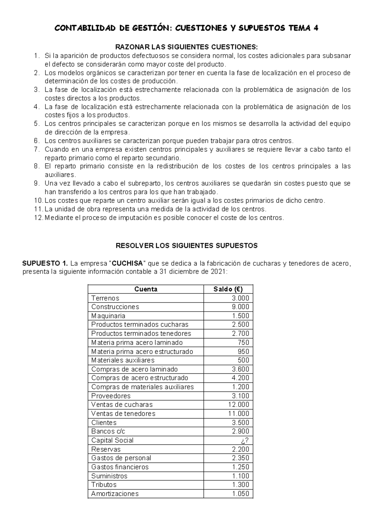 Supuestos CG TEMA 4 2022 23 - CONTABILIDAD DE GESTIÓN: CUESTIONES Y ...