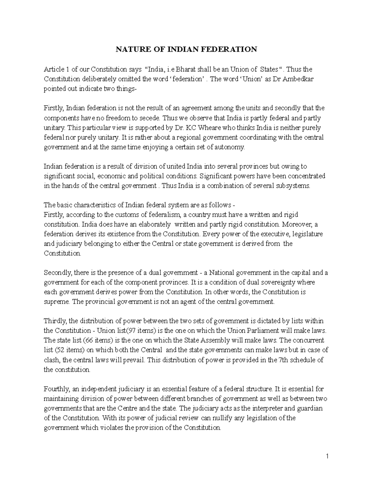 Nature OF Indian Federation - NATURE OF INDIAN FEDERATION Article 1 of ...