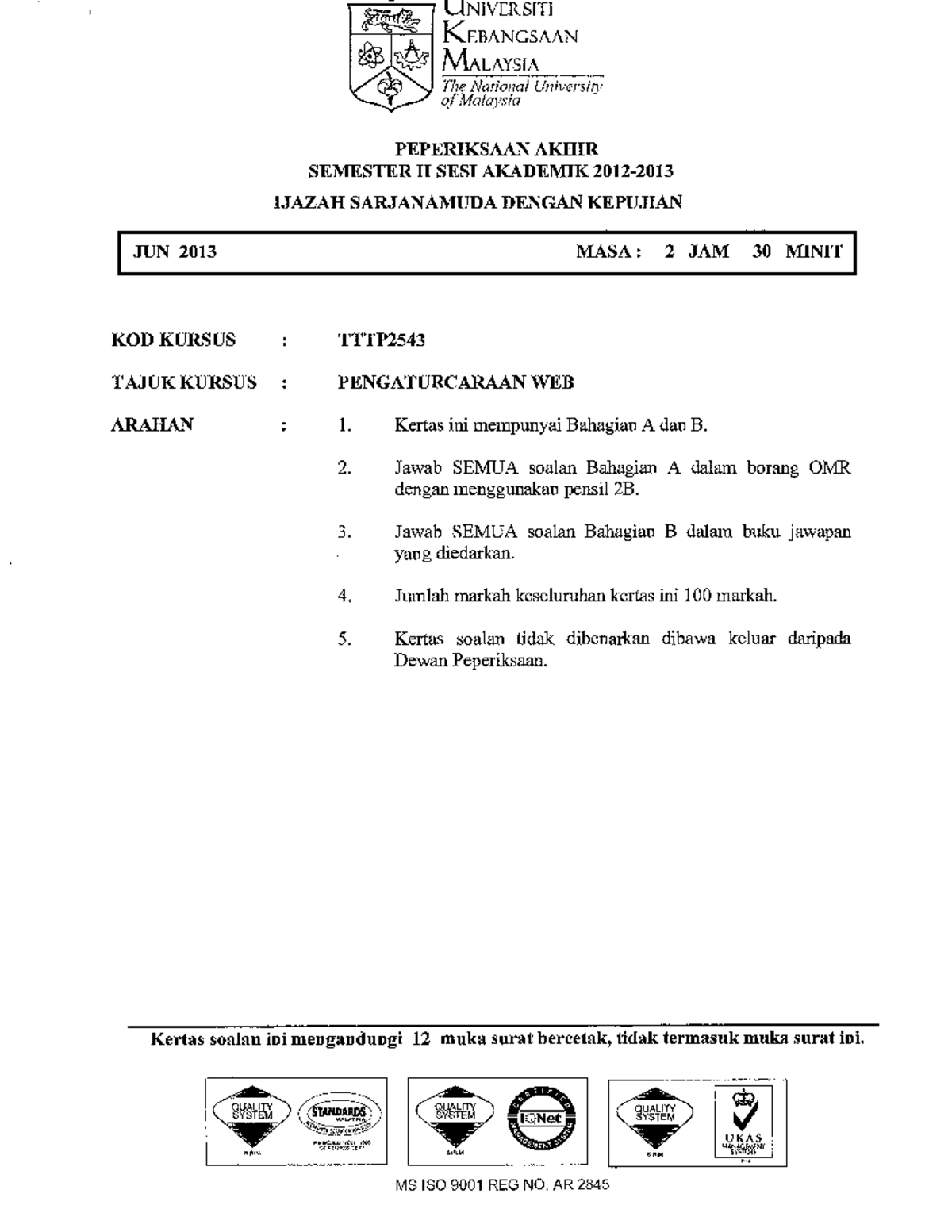 Exam papers - UNIVER_SITI KEBANGSAAN MALAYSIA The National University ...