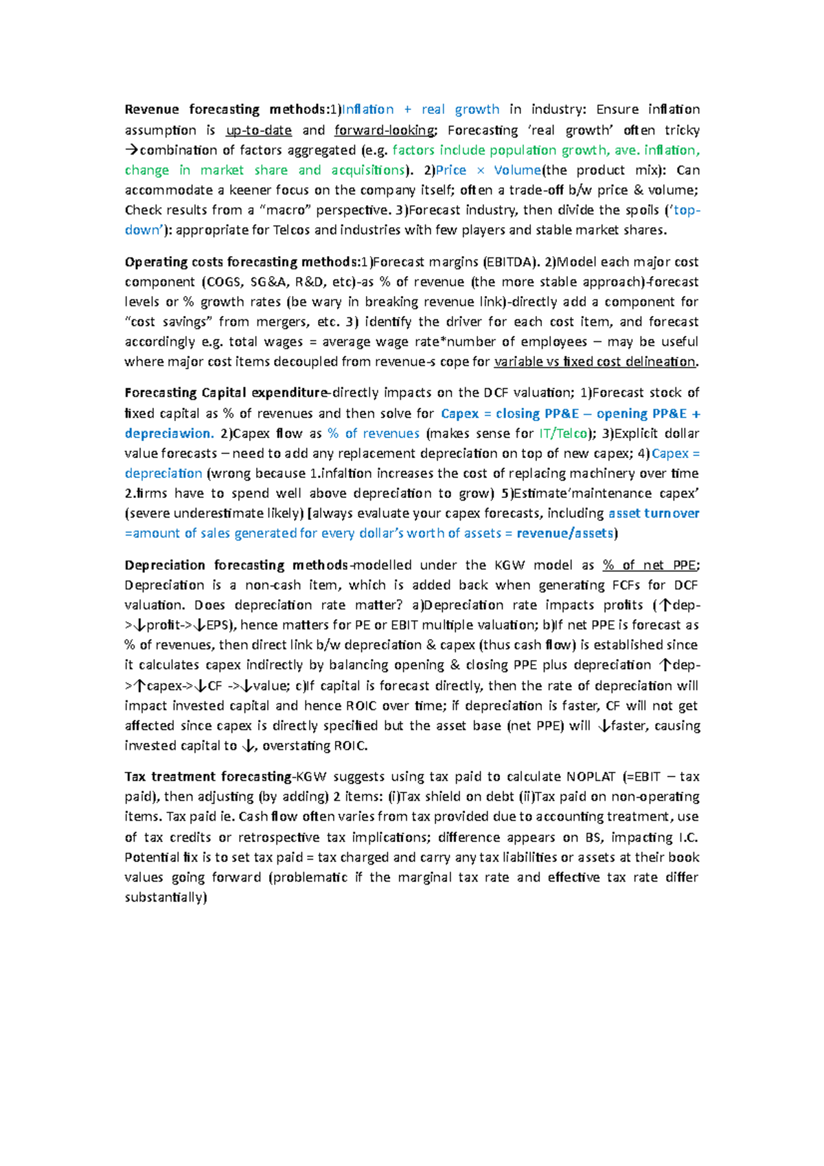 Cheat sheet 3005 - Revenue forecasting methods:1)Inflation real growth ...