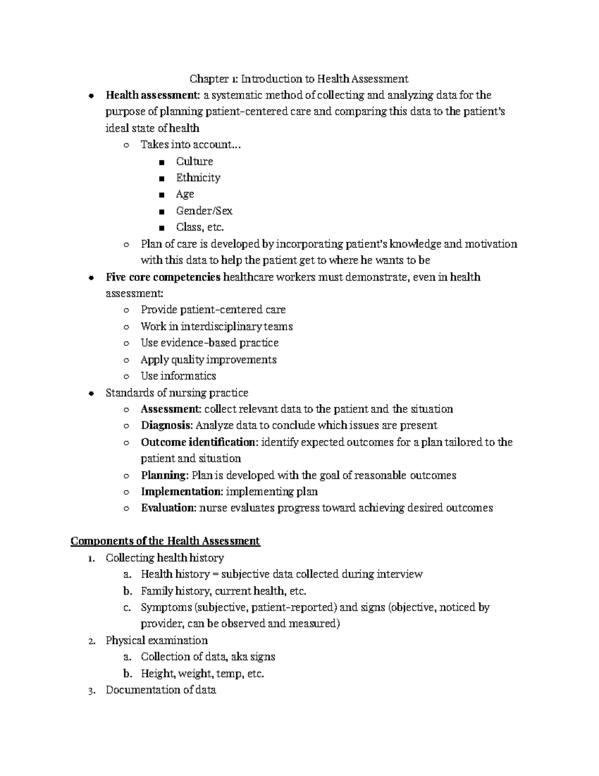 HA Module 1 Notes - Chapter 1: Introduction to Health Assessment Health ...