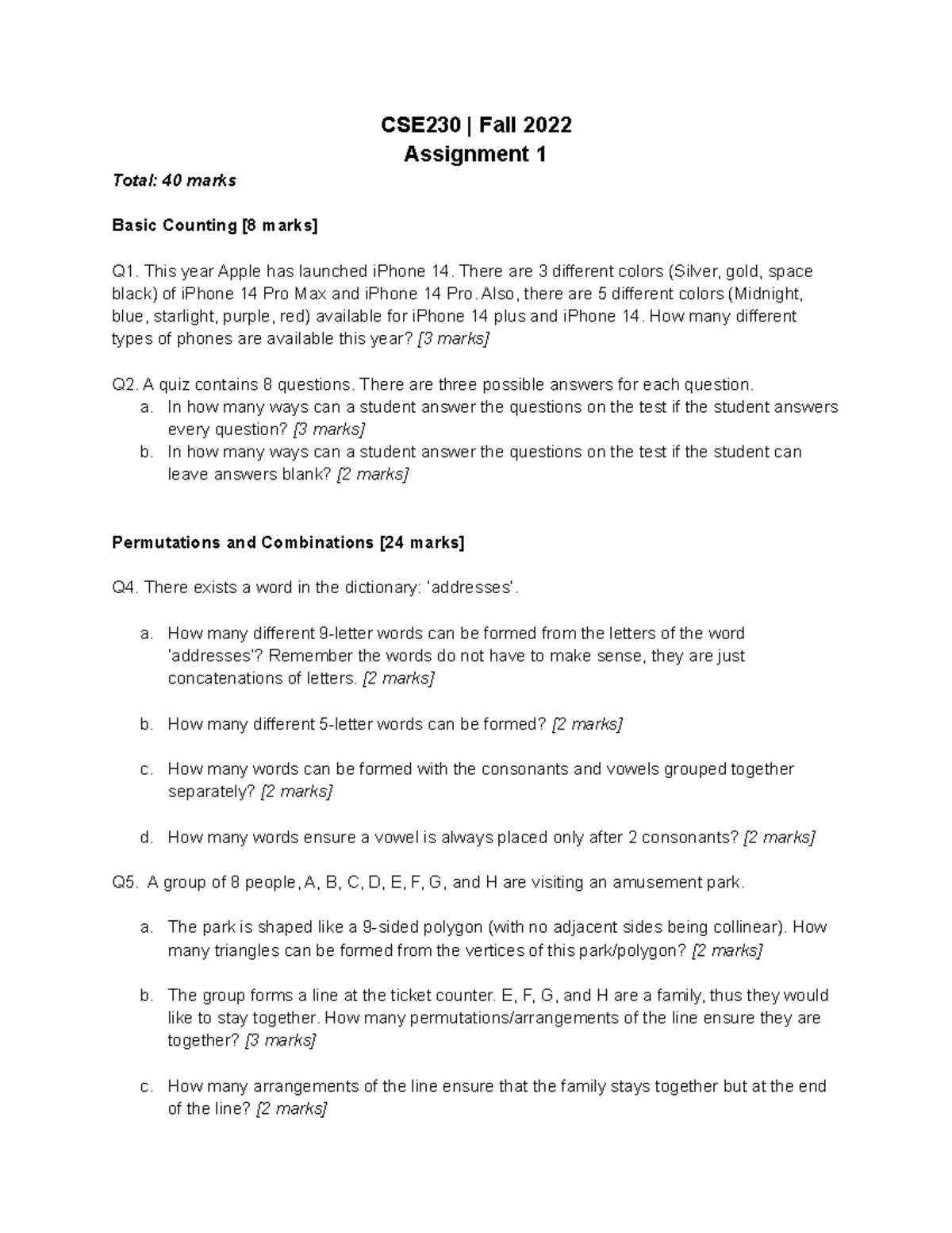 CSE230-27 Assignment 1 Fall 2022 - CSE230 | Fall 2022 Assignment 1 Total: 40 marks Basic ...