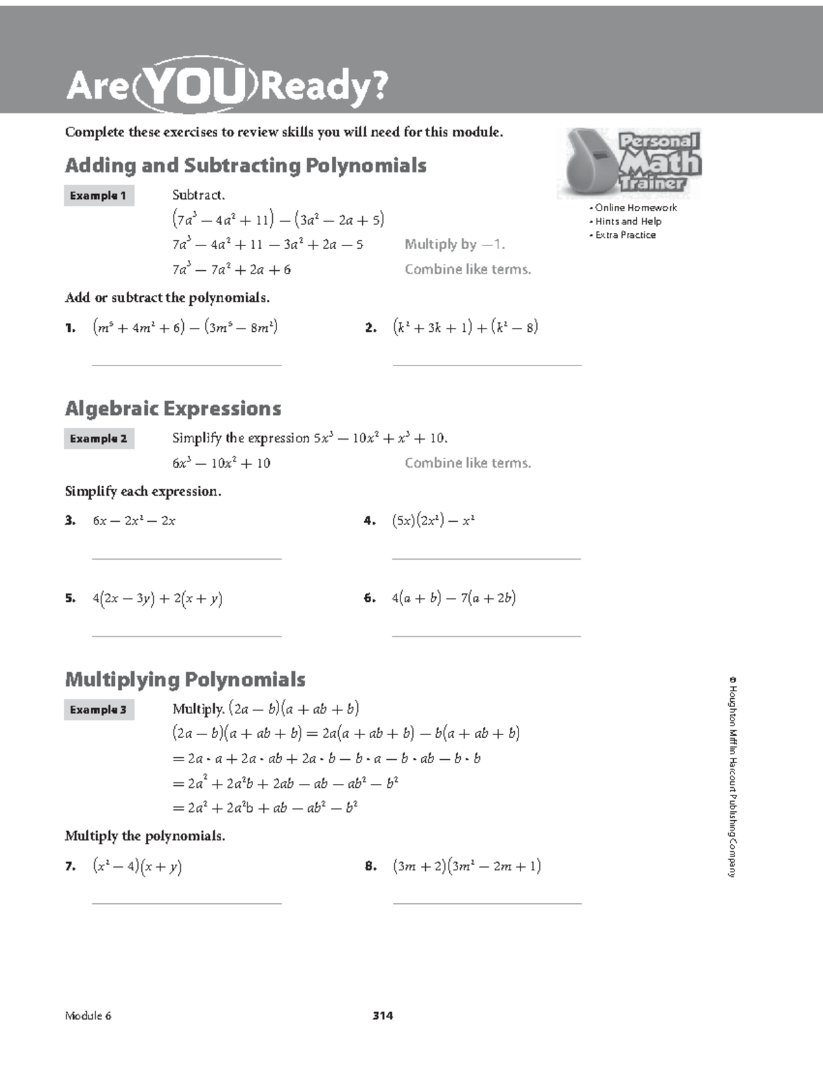 Unit 1 Polynomials Are You Ready - Are YOU Ready? © Houghton Mifflin ...
