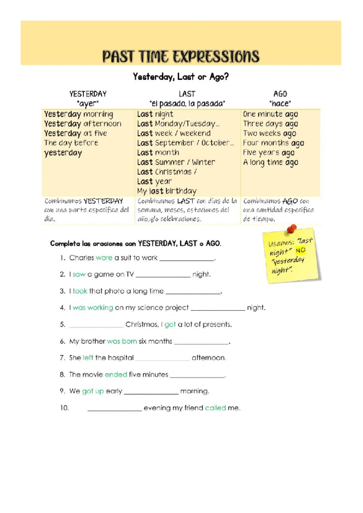 Document - grammar - PAST TIME EXPRESSIONS Yesterday, Last or Ago ...