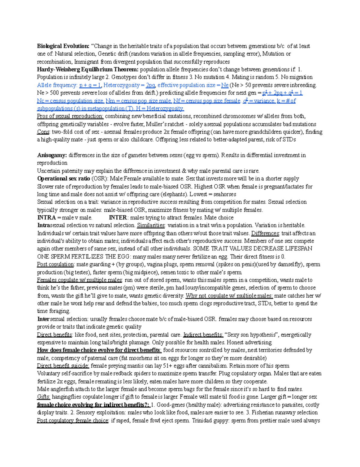 Midterm 2 cheat sheet - Google Docs - Biological Evolution: “Change in ...