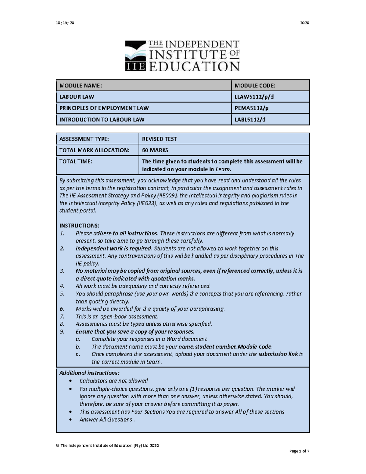 PEMA TAKE HOME TEST 2 - practice test - © The Independent Institute of ...