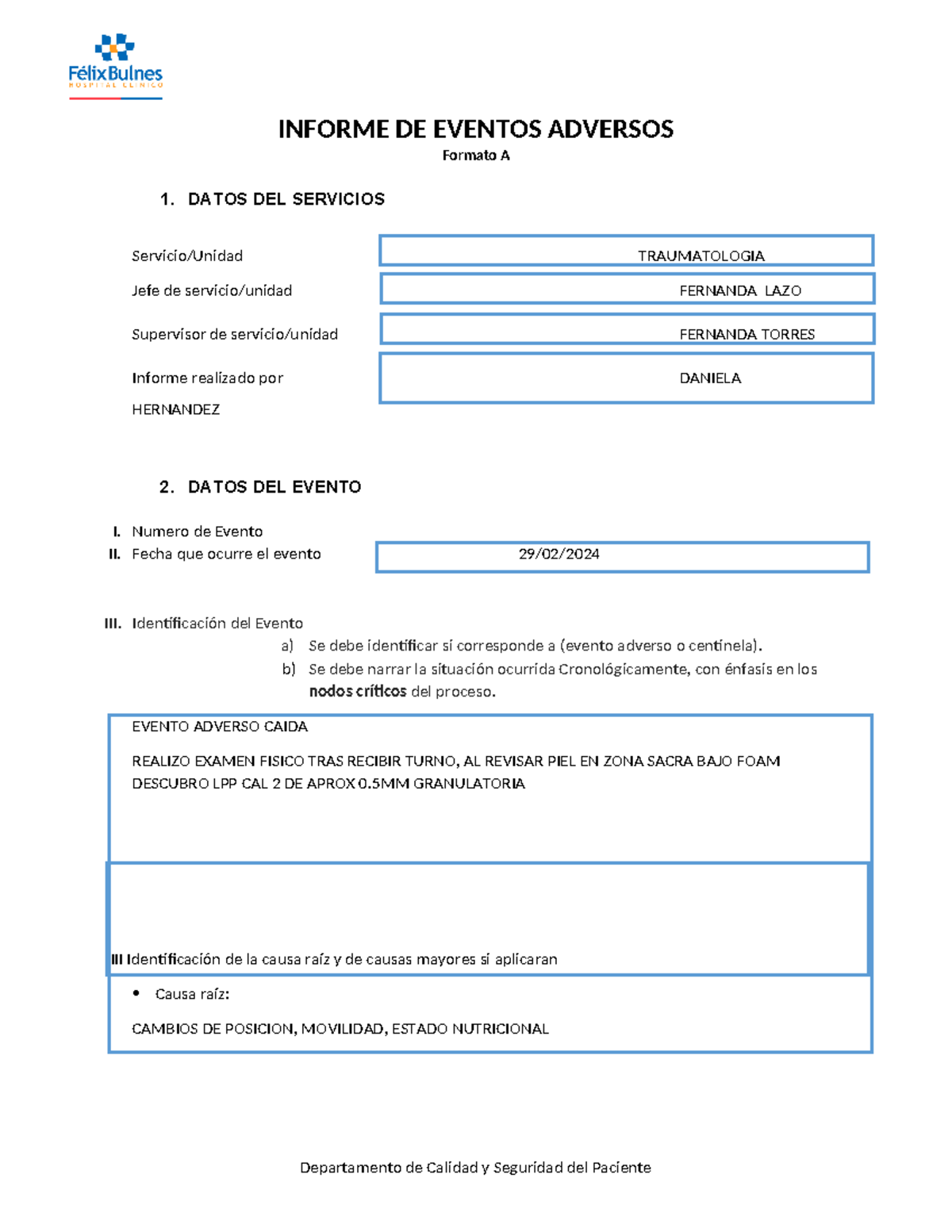Informe DE Evento Adverso Formato A 29 - INFORME DE EVENTOS ADVERSOS ...