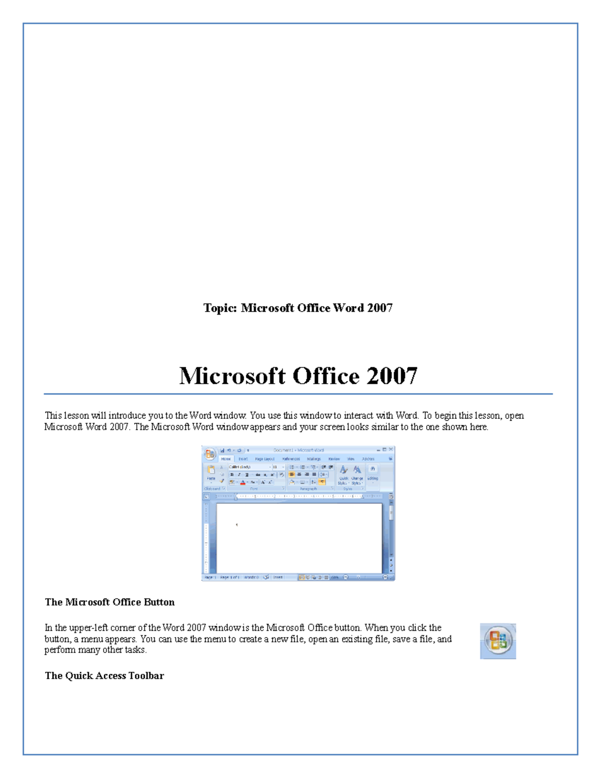 Lab 01 - MS Word - Topic: Microsoft Office Word 2007 Microsoft Office ...