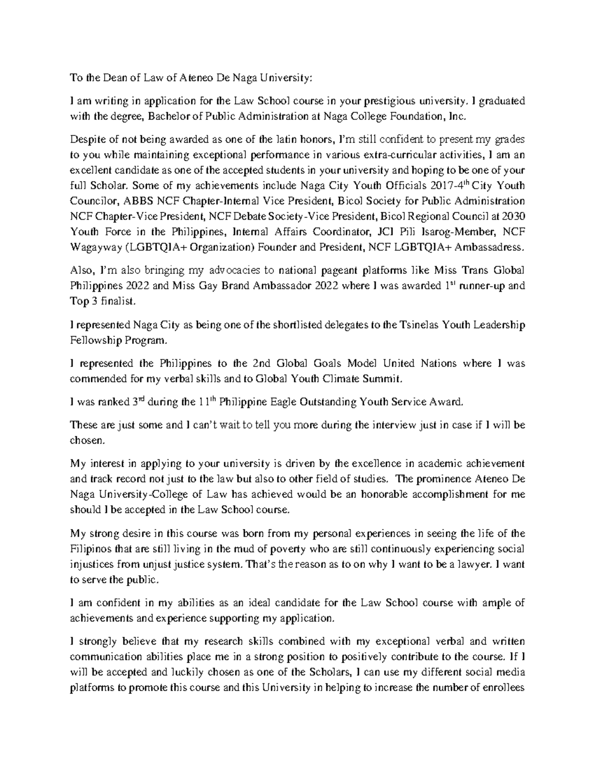 Mendoza's application letter for ADNU College of Law - To the Dean of ...