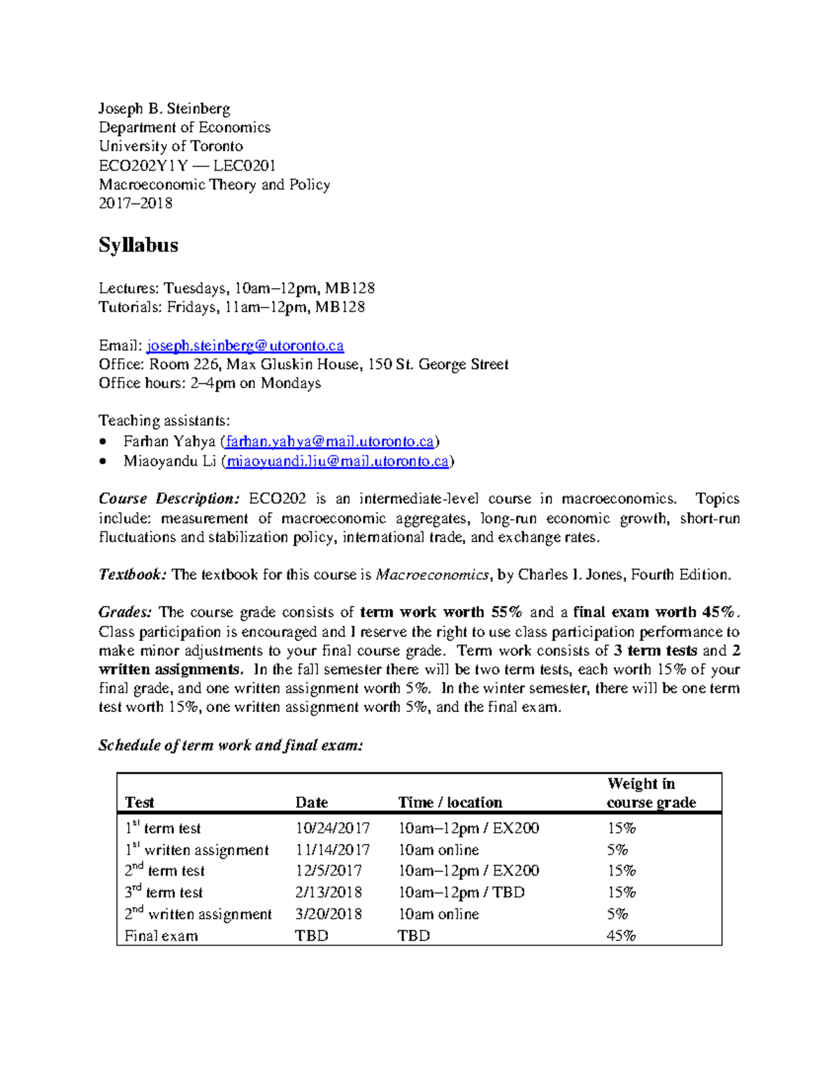 UofT Syllabus Macroeconomics - Joseph B. Steinberg Department of ...