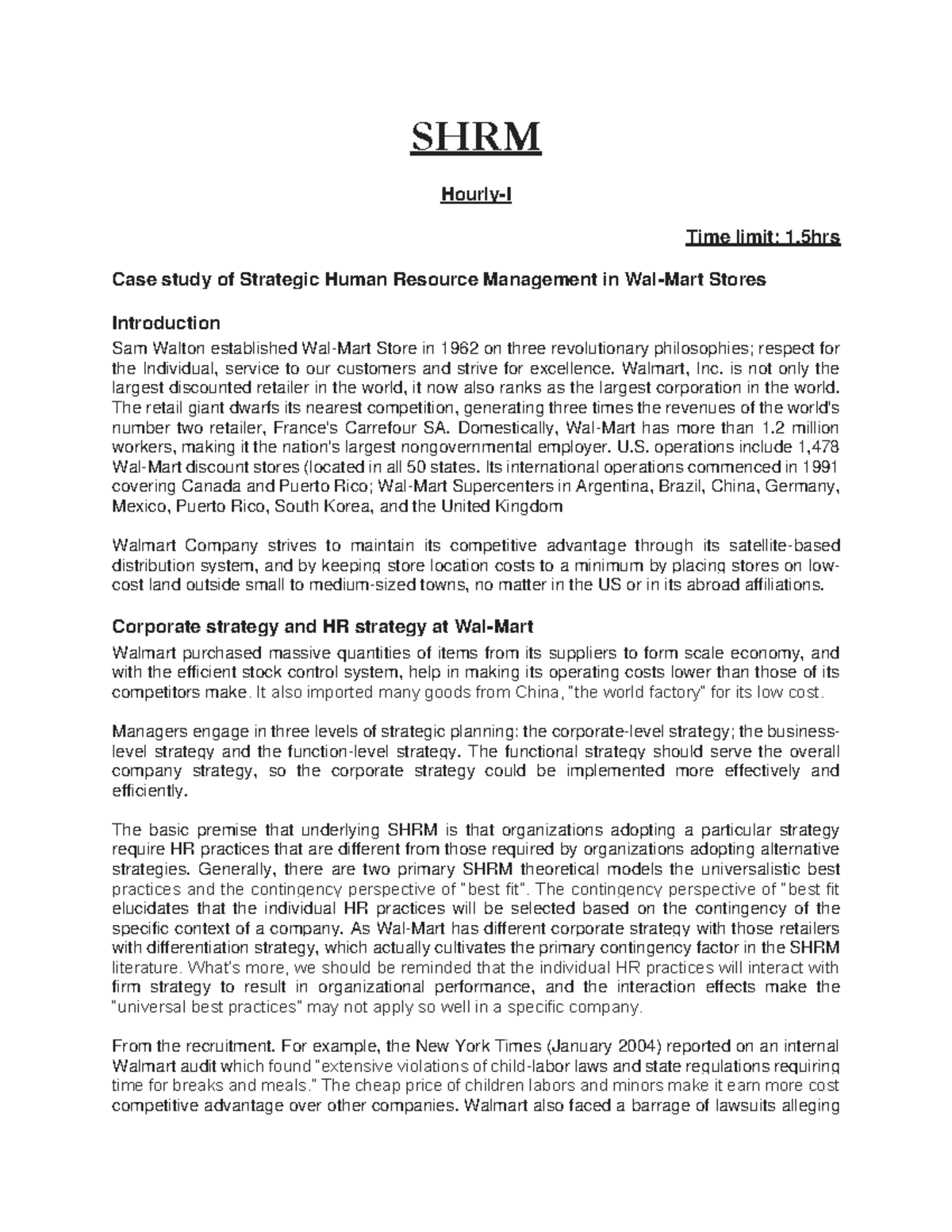 Hourly SHRM - SDM - SHRM Hourly-I Time limit: 1 Case study of Strategic Human Resource ...