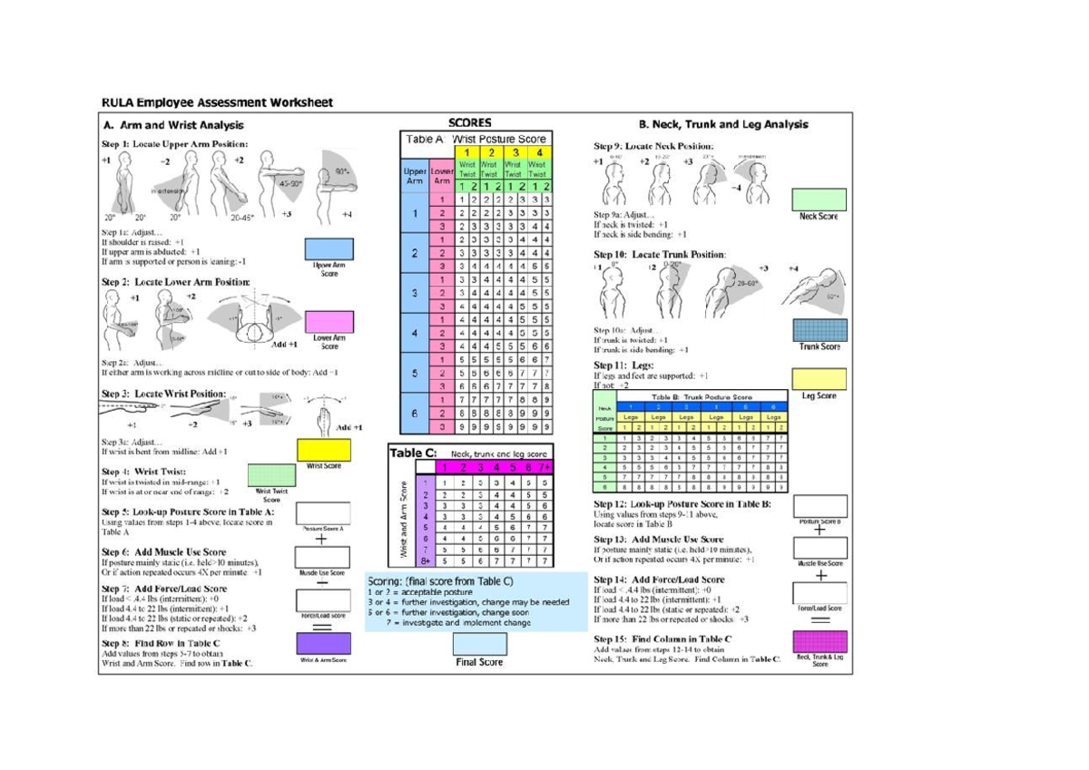RULA Assessment Worksheet: Arm, Neck, Trunk, and Leg Analysis - RULA ...