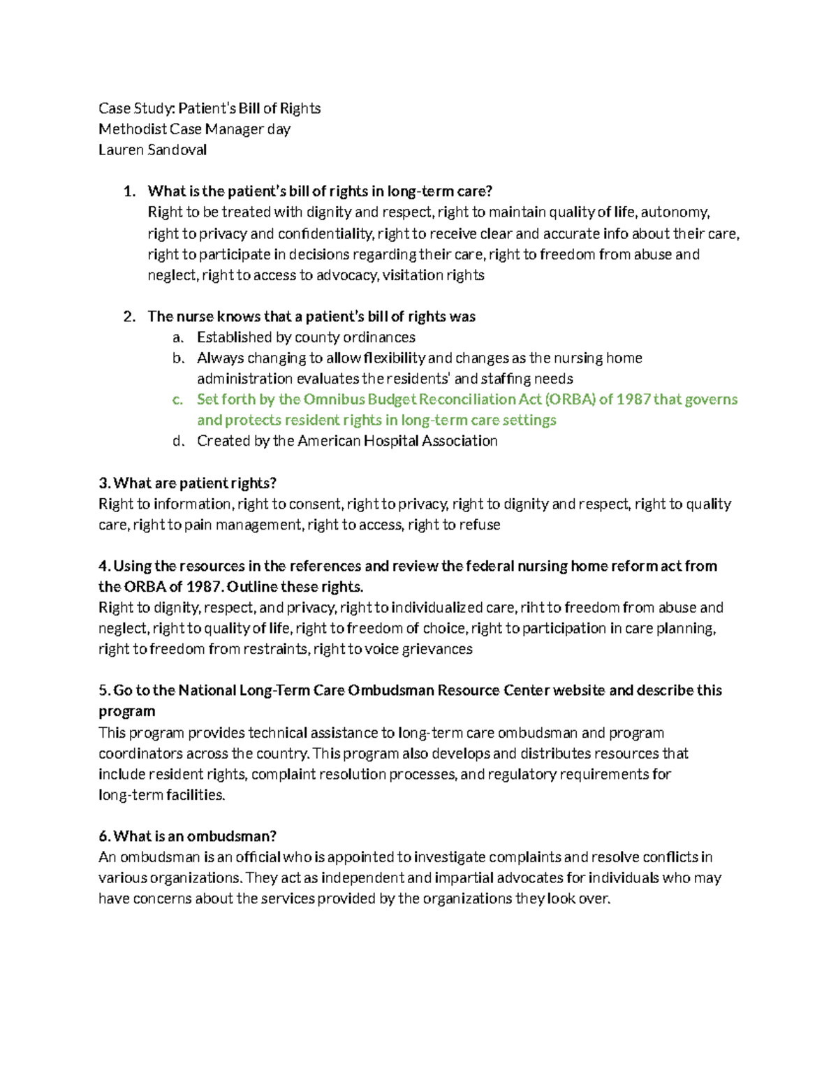 Case Study Patient’s Bill of Rights - Case Study: Patient’s Bill of ...