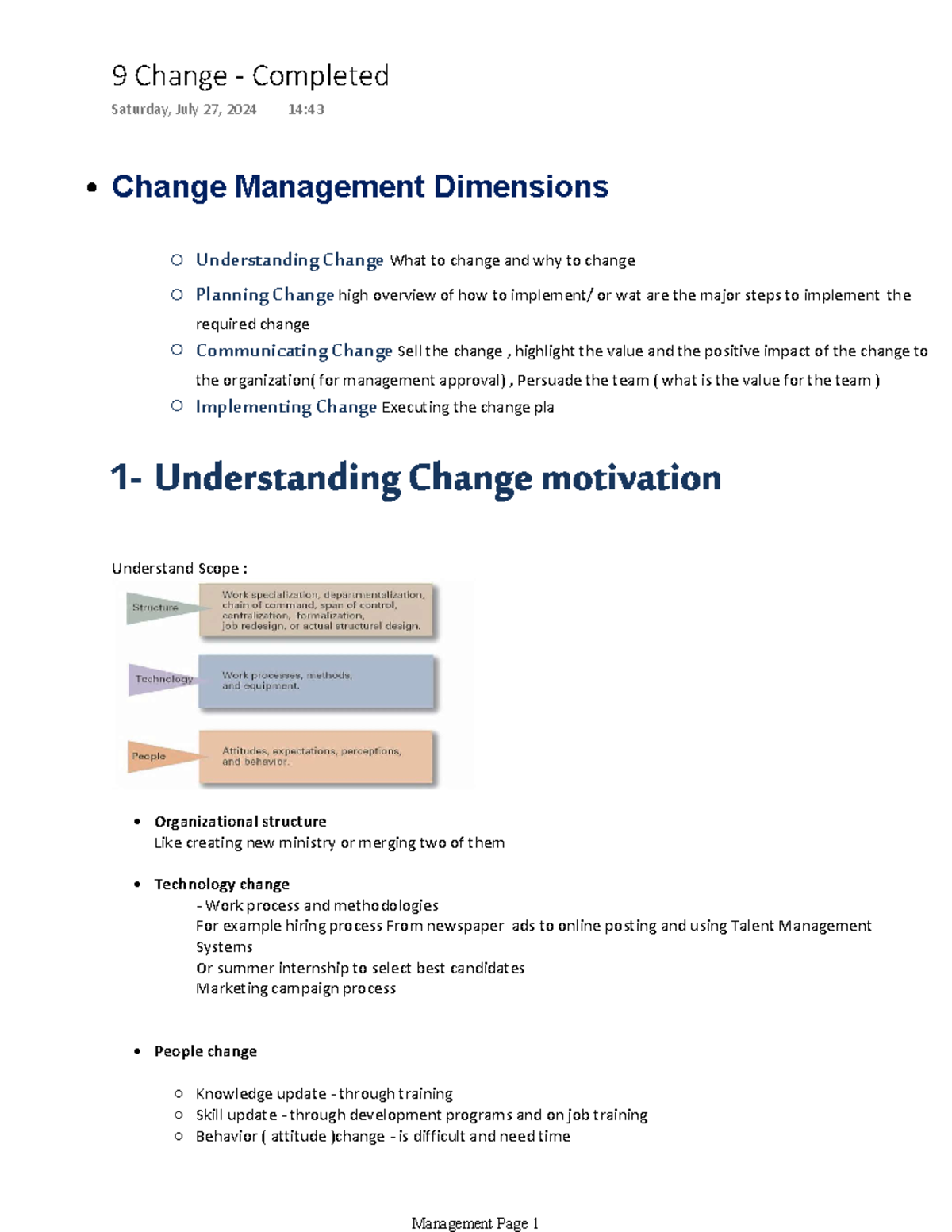 Change - lecture notes - Change Management Dimensions Understanding ...