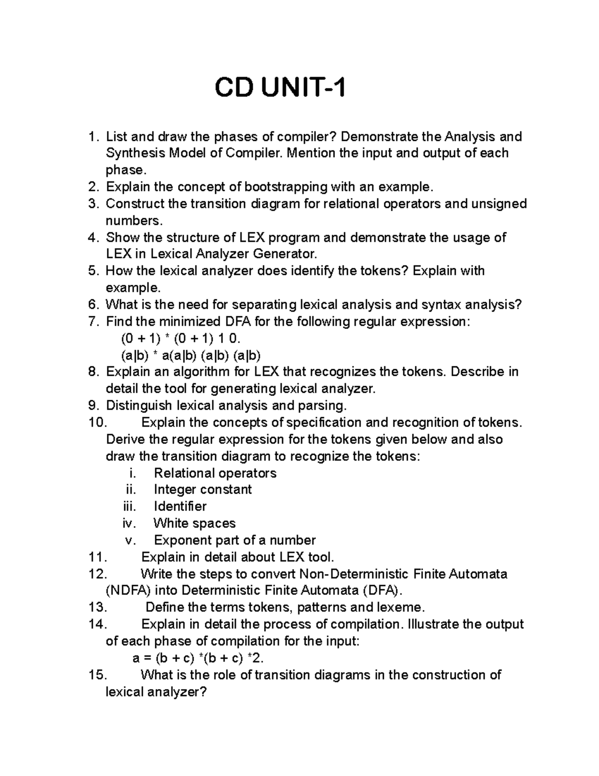 Cd important questions - CD UNIT- 1 List and draw the phases of compiler? Demonstrate the ...