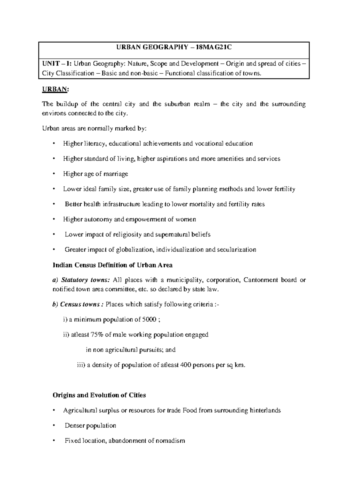 18MAG21C-U1 - Ba geography - URBAN GEOGRAPHY – 18MAG21C UNIT – I: Urban ...