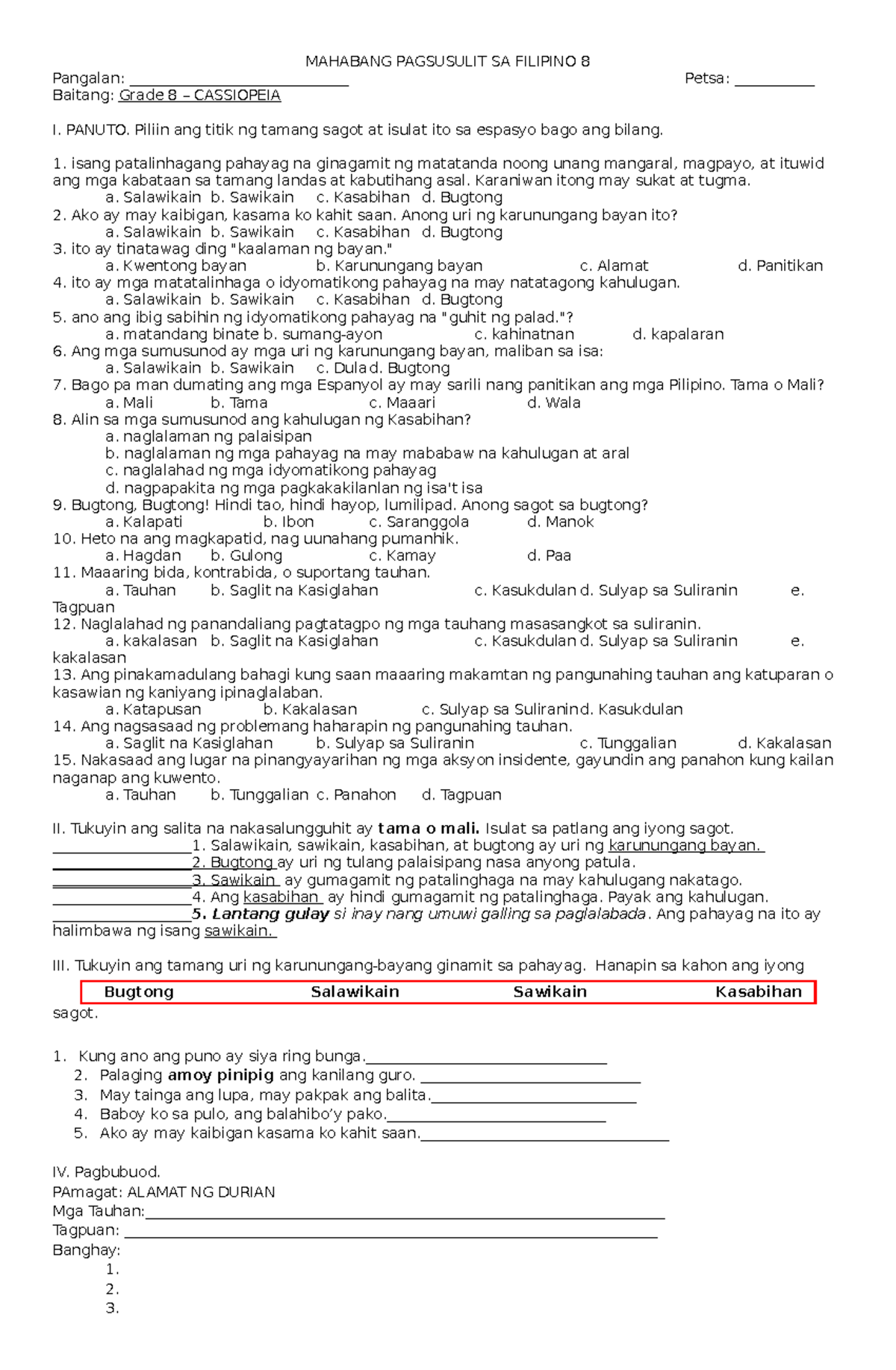Quiz - For educational purposes only. - MAHABANG PAGSUSULIT SA FILIPINO ...