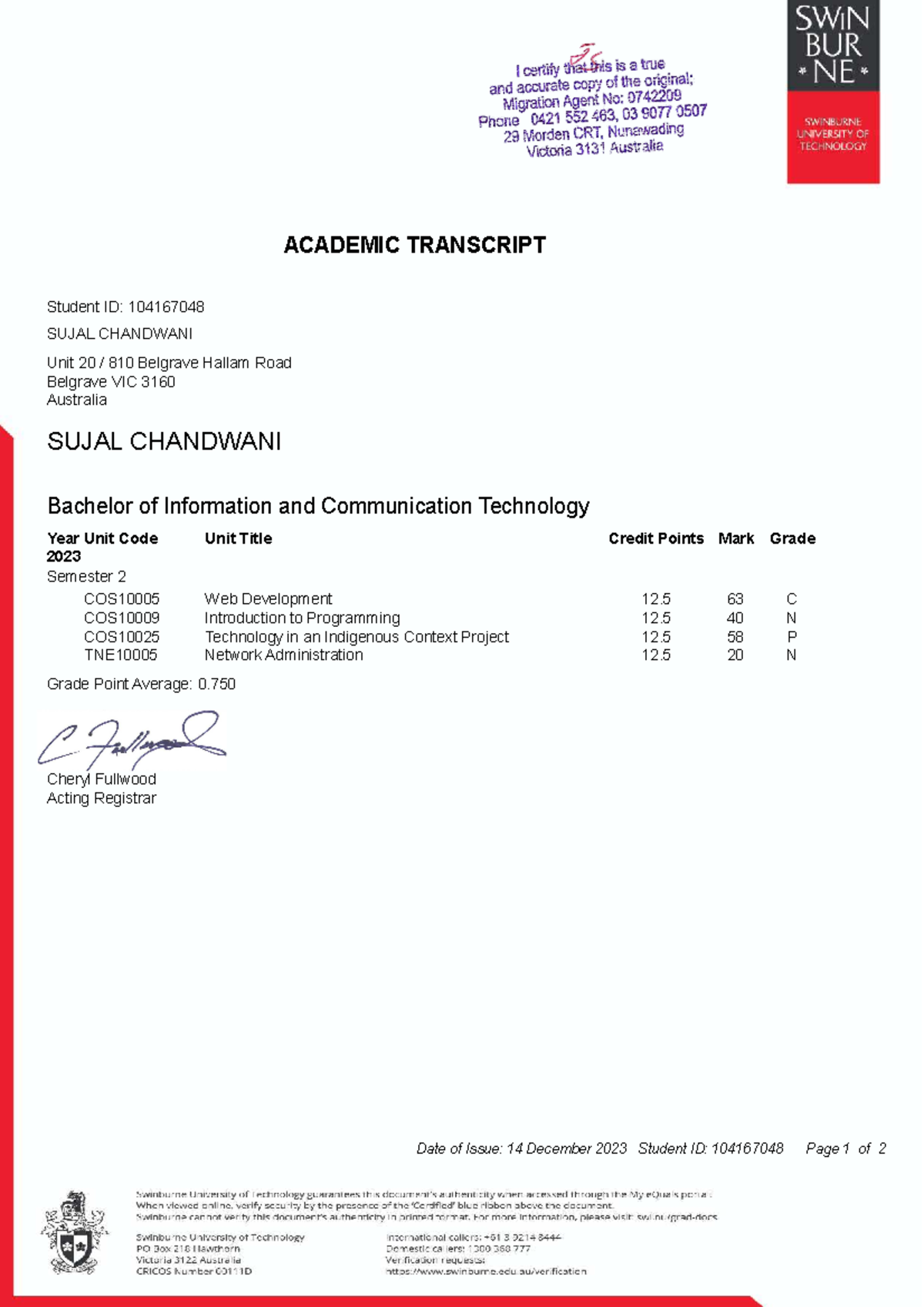 Official Transcripts - SUBJECT OUTLINES - SUJAL CHANDWANI Unit 20 / 810 ...
