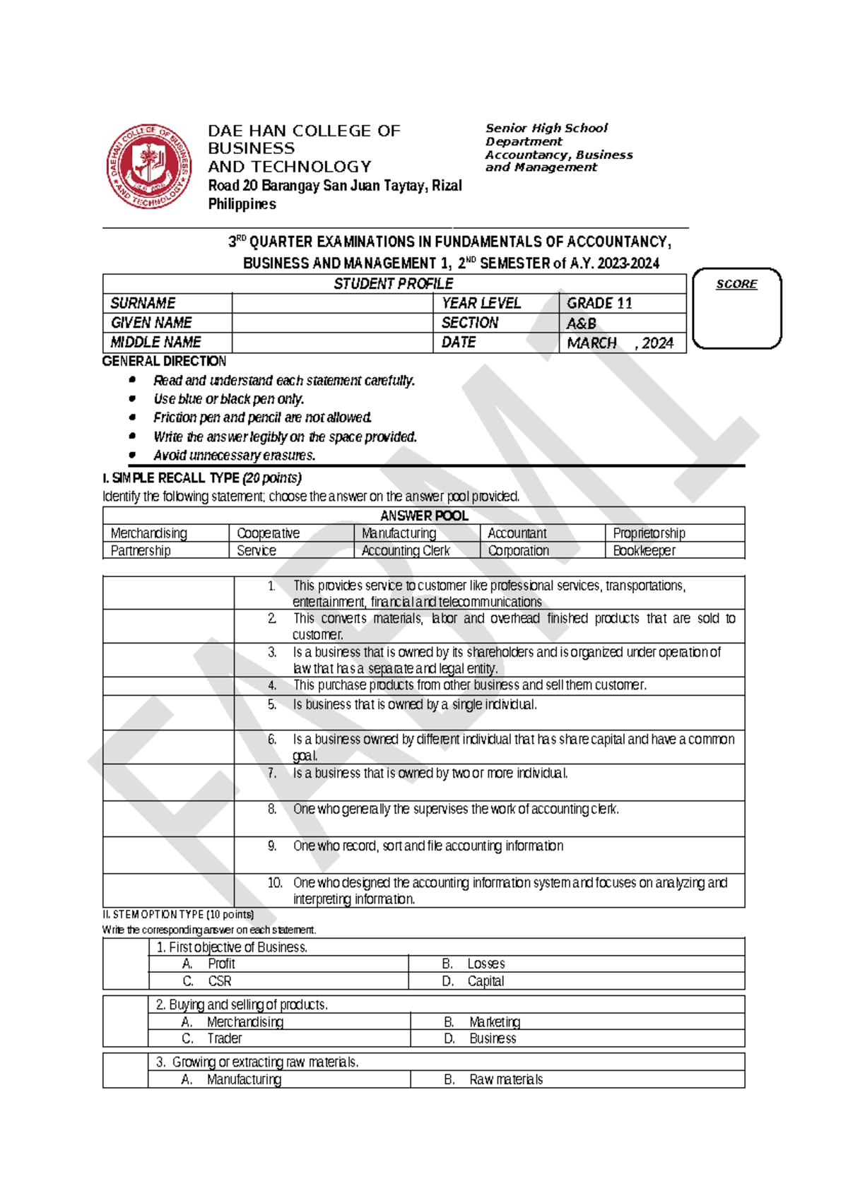 FABM1-Q3-EXAM - adjusting entry and journal entries - DAE HAN COLLEGE ...
