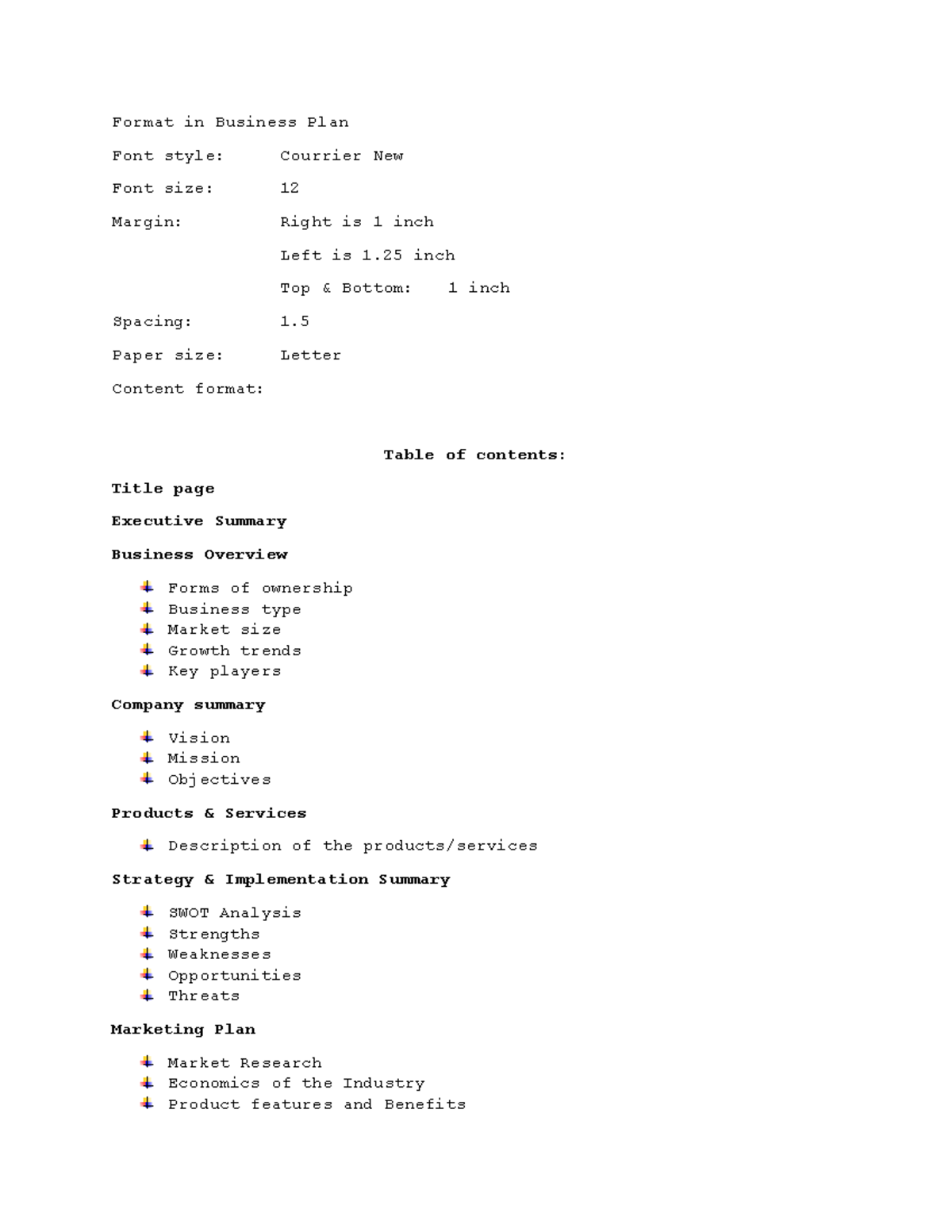 Format in Business Plan - Paper size: Letter Content format: Table of ...