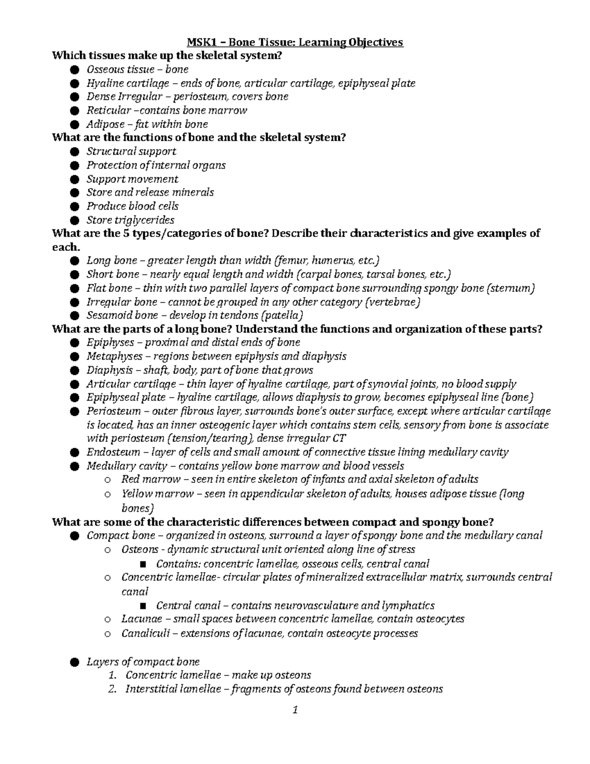 Skeletal System Study Guide - MSK1 – Bone Tissue: Learning Objectives ...