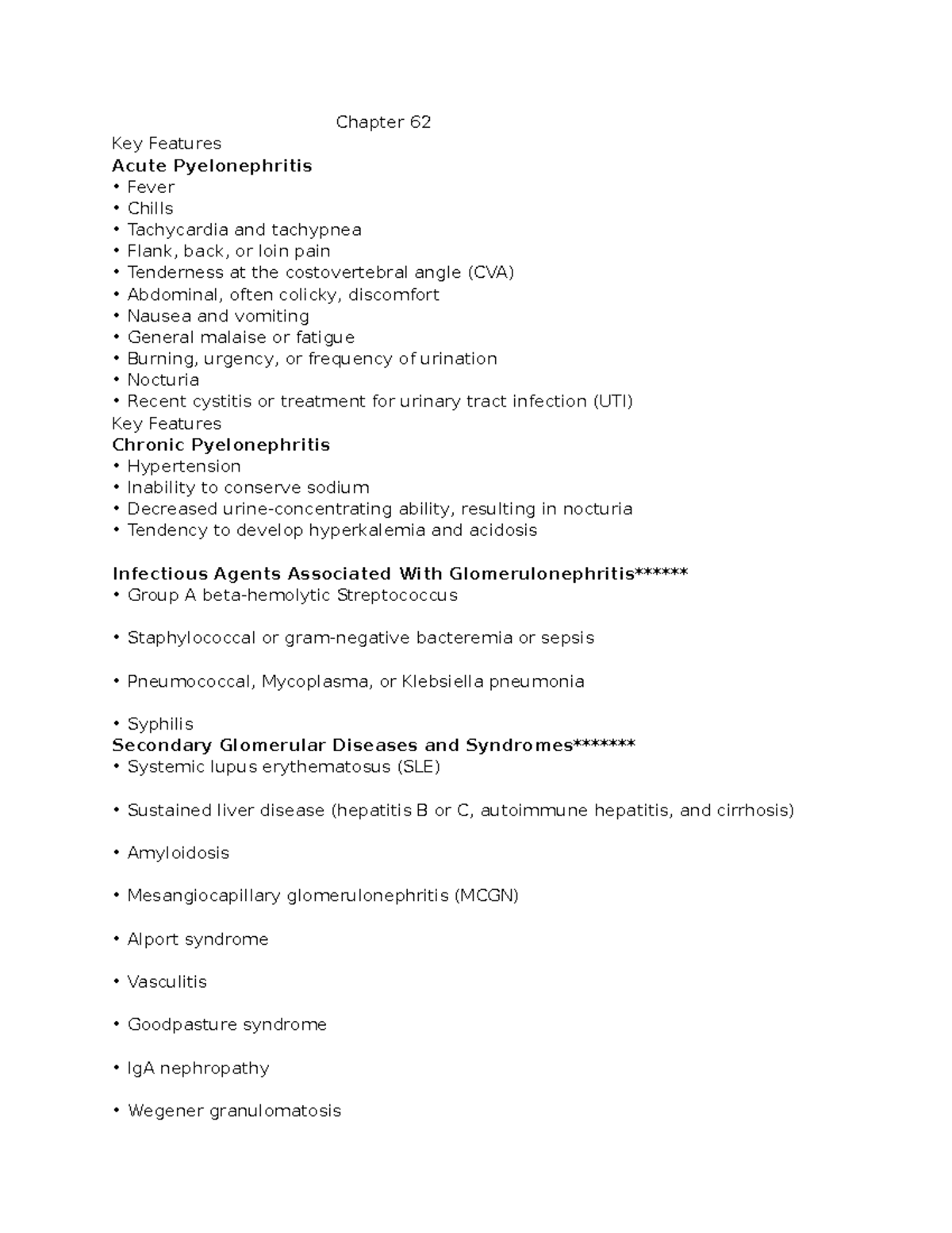 Chapter 62 notes - Chapter 62 Key Features Acute Pyelonephritis Fever ...