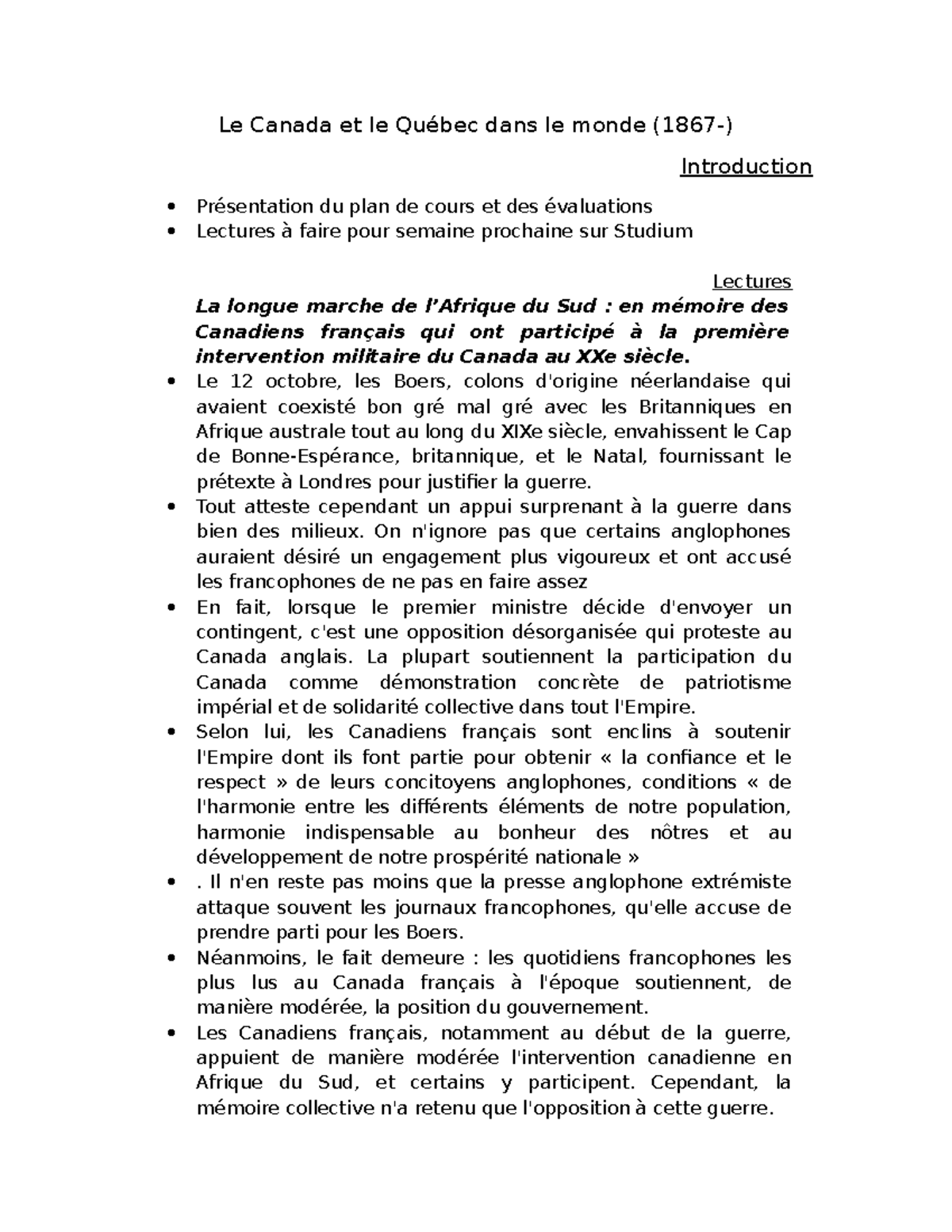 Cours 1 & Intro - Le Canada et le Québec dans le monde (1867 ...