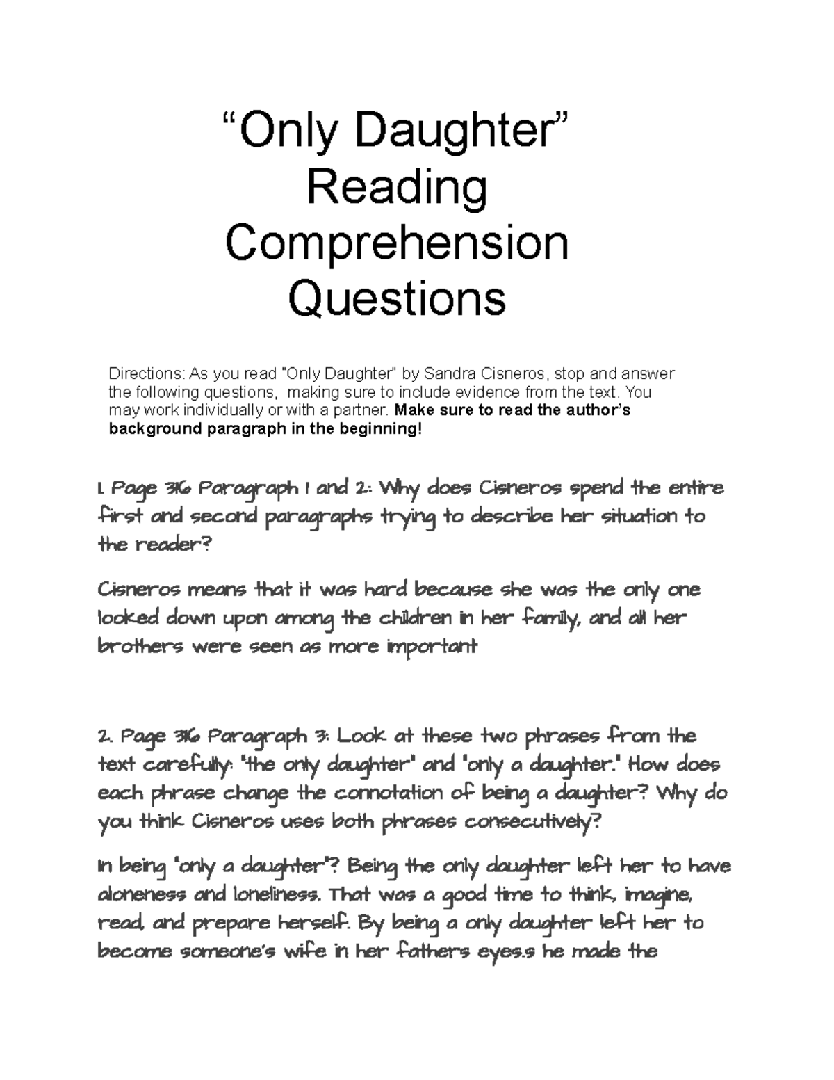 Copy of “Only Daughter” Reading Comprehension Questions - “Only ...