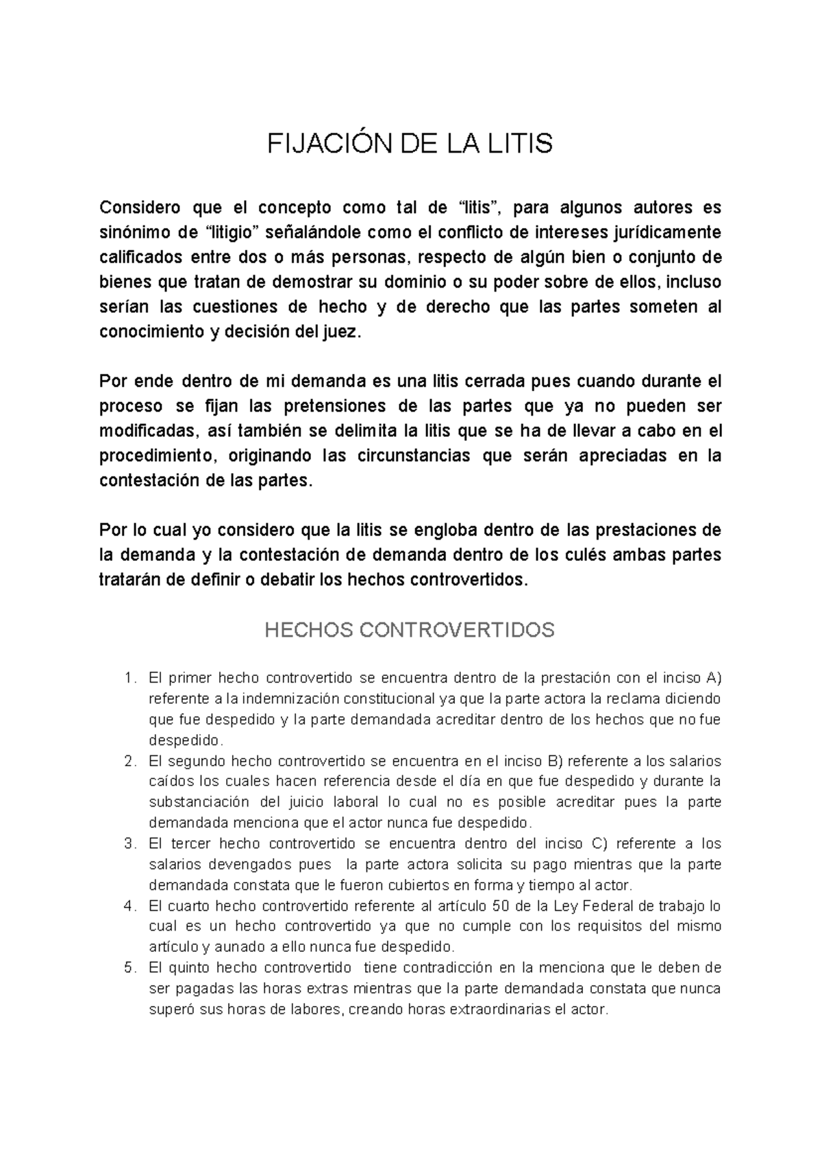 Tarea Proceso laboral - fijacion de litiss - FIJACIÓN DE LA LITIS ...