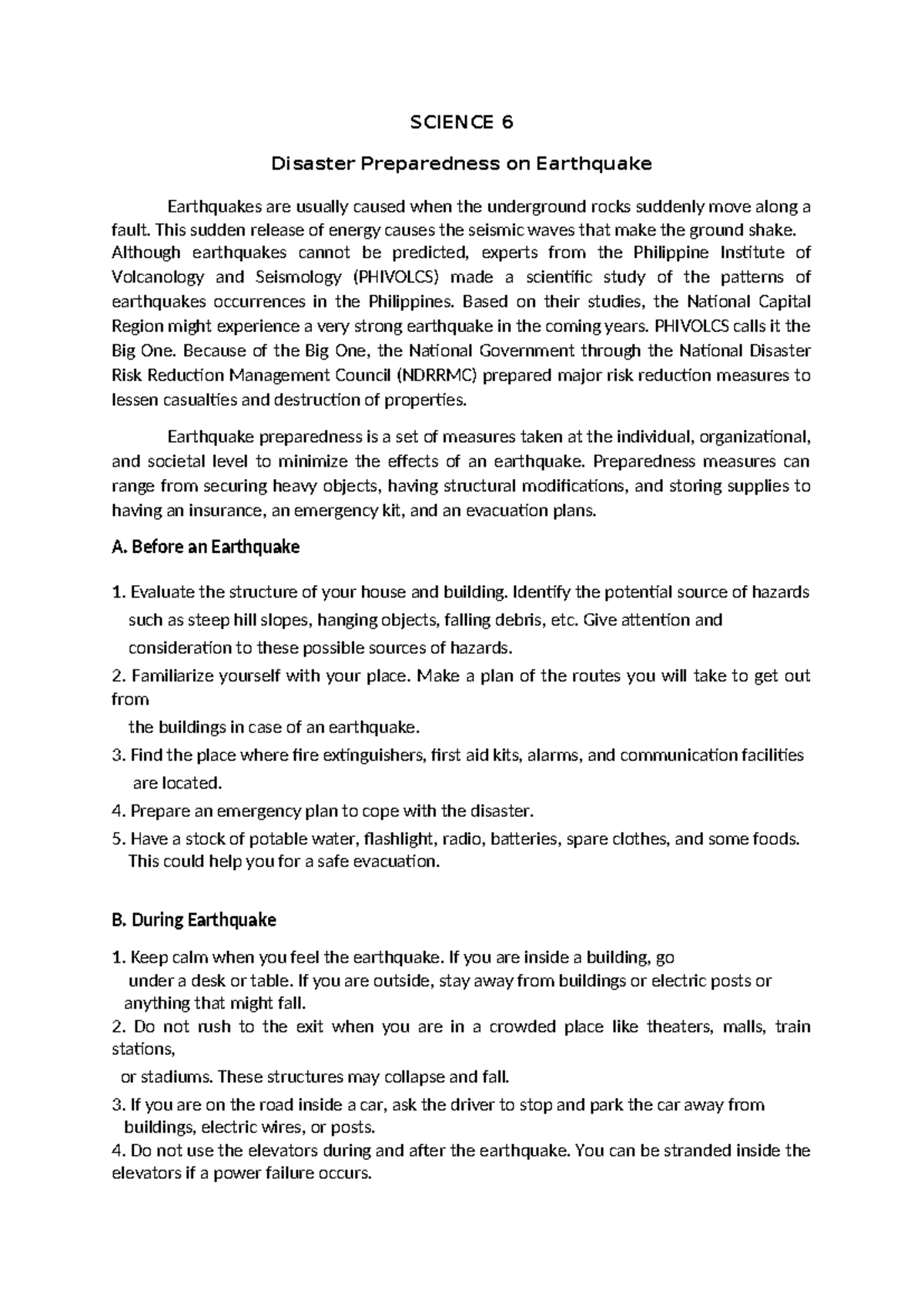 Science-6- Activity - SCIENCE 6 Disaster Preparedness on Earthquake ...
