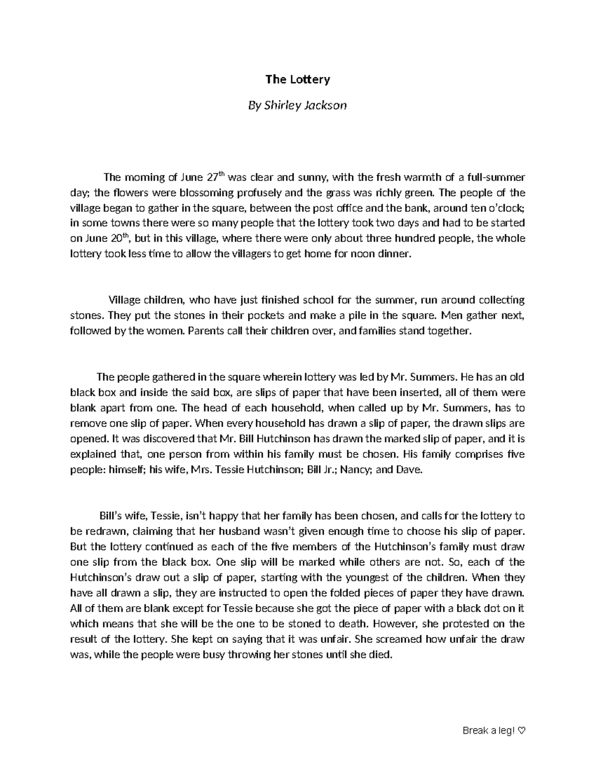 The Lottery by Shirley Jackson - The Lottery By Shirley Jackson The ...