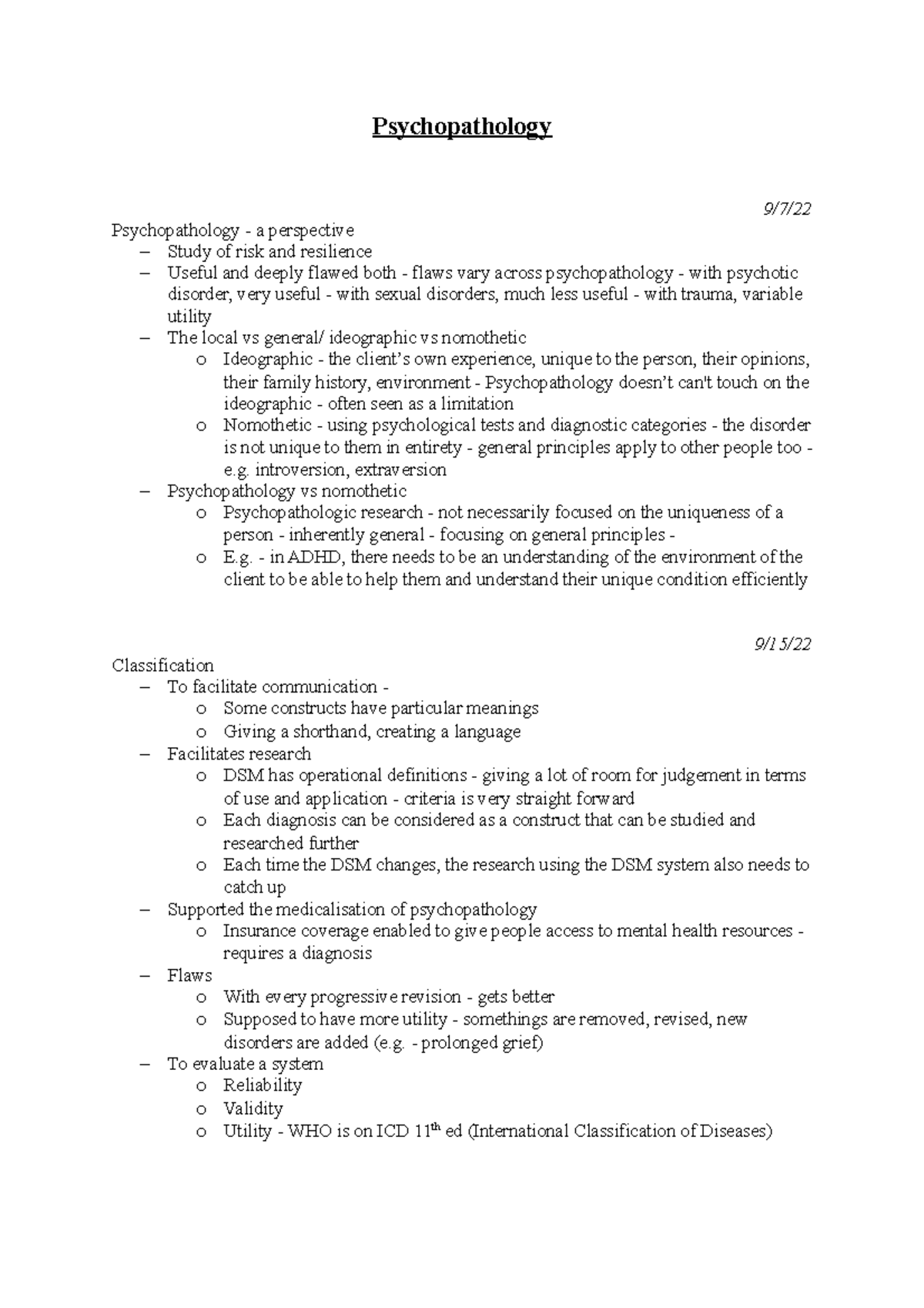 Psychopathology Notes - Psychopathology 9/7/ Psychopathology - a ...