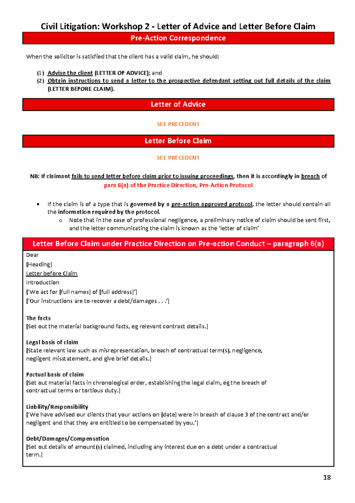 Workshop 2 Letter of Advice and Letter before Claim - 18 Civil ...