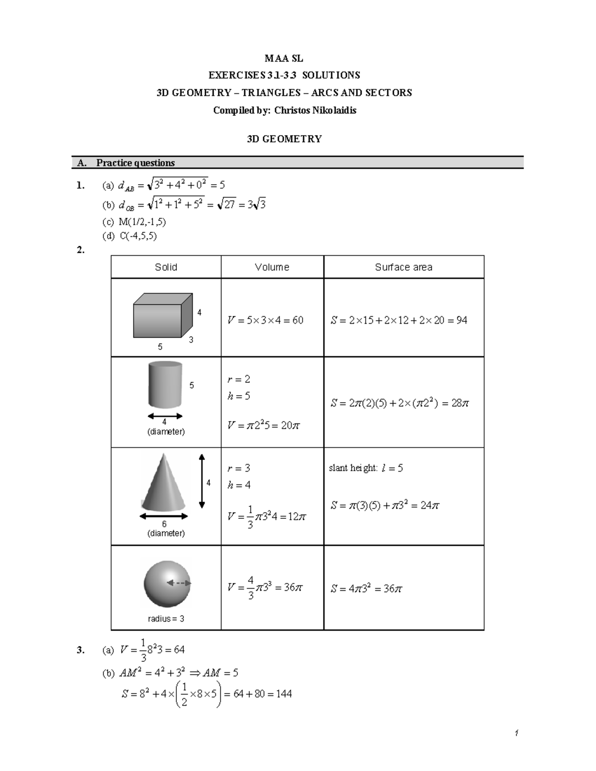 3D geometry & triangles solutions - MAA SL EXERCISES 3.1-3 SOLUTIONS 3D ...